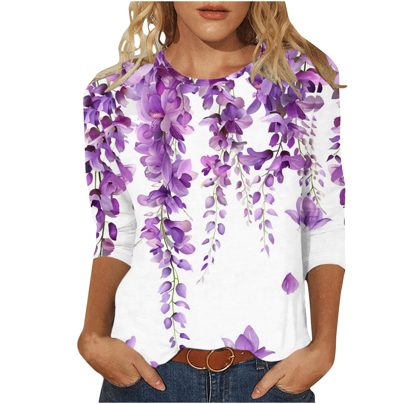 Perfectbot Tops for Women 3/4 Sleeves Round Neck Tunic T Shirts Floral ...