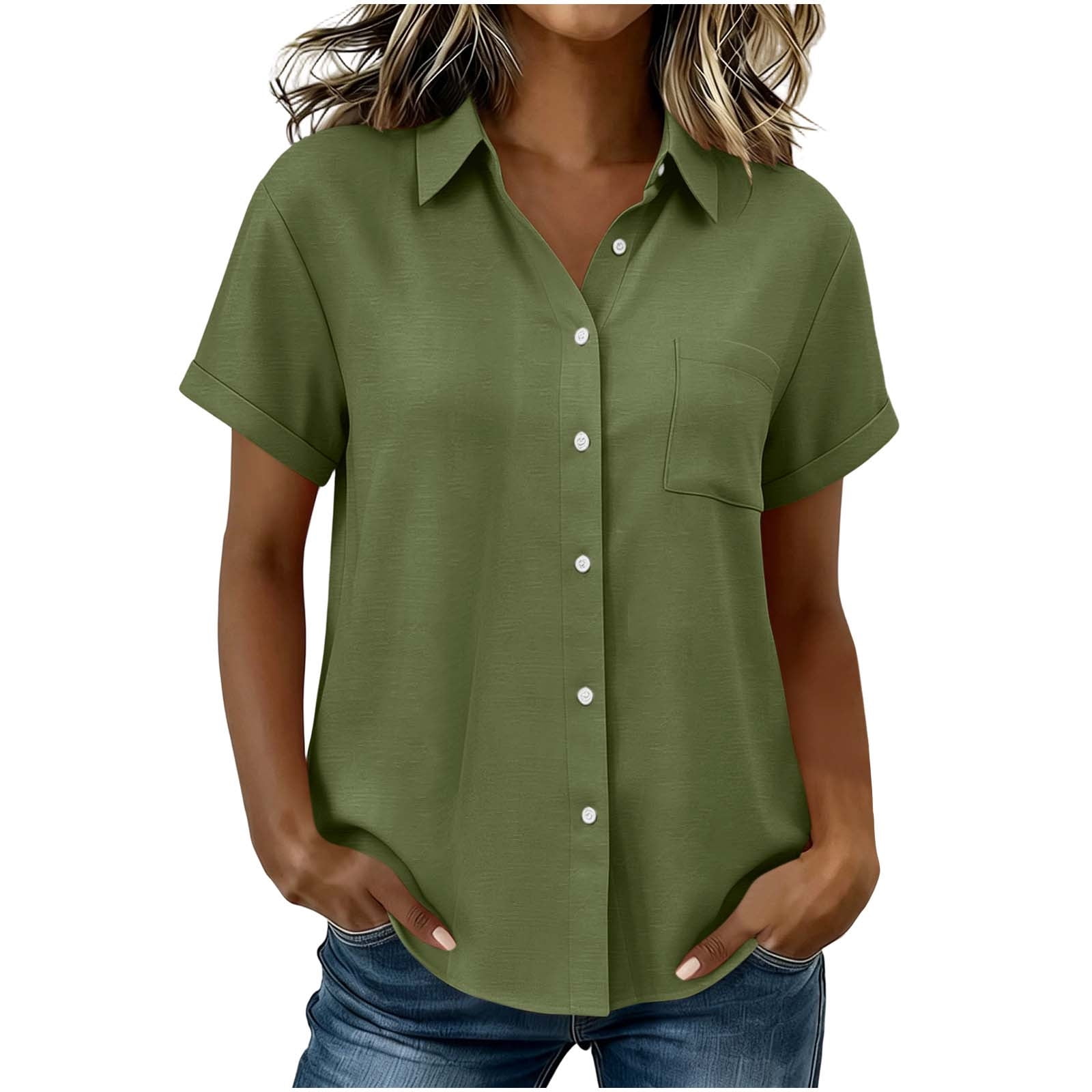 Perfectbot Women's Button-Down Short Sleeve Shirt, Rolled Cuff Blouse ...
