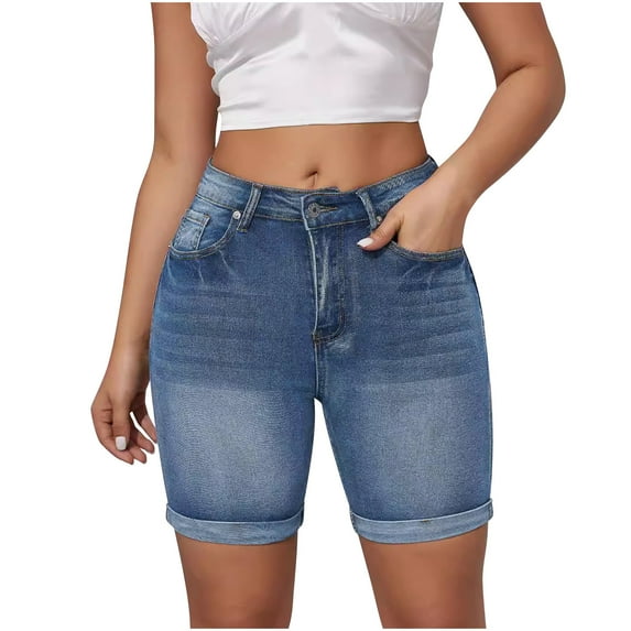 Perfectbot Women's Mid-Rise Jean Shorts, Stretchy Roll Cuff Denim ...