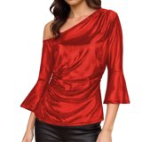 Perfectbot Women's One Shoulder Shiny Blouses - Elegant Bell 3/4 Sleeve ...