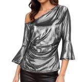 Perfectbot Women's One Shoulder Shiny Blouses - Elegant Bell 3/4 Sleeve ...