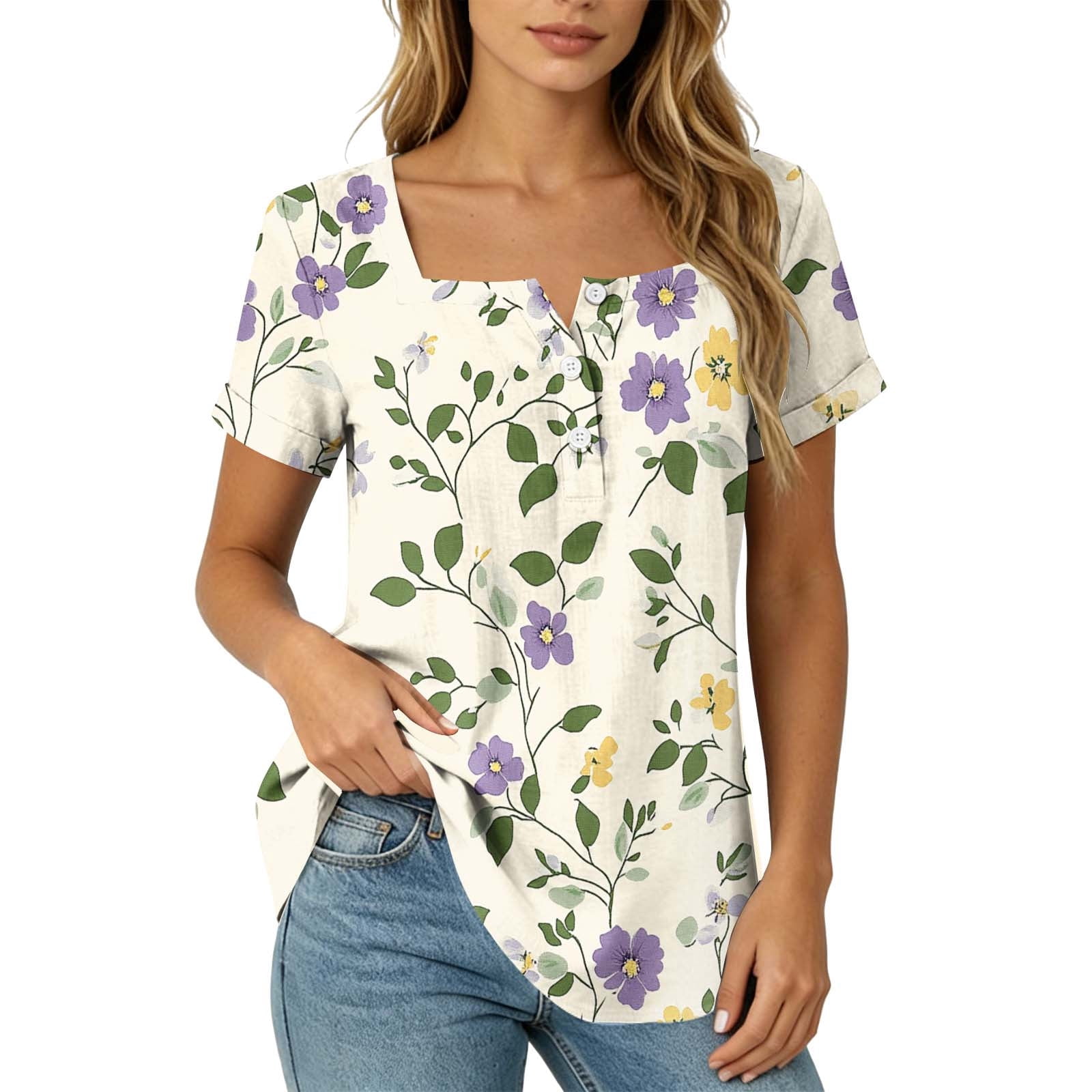 Perfectbot Women's Print Square Neck Top – Summer Short Sleeve Henley ...