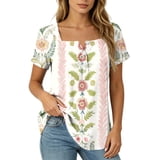 Perfectbot Women's Print Square Neck Top – Summer Short Sleeve Henley ...