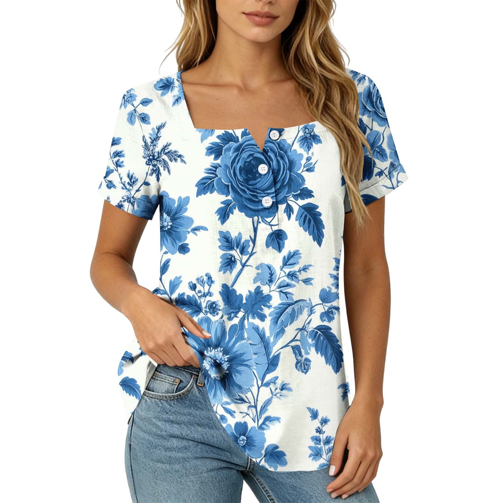Perfectbot Women's Print Square Neck Top – Summer Short Sleeve Henley ...
