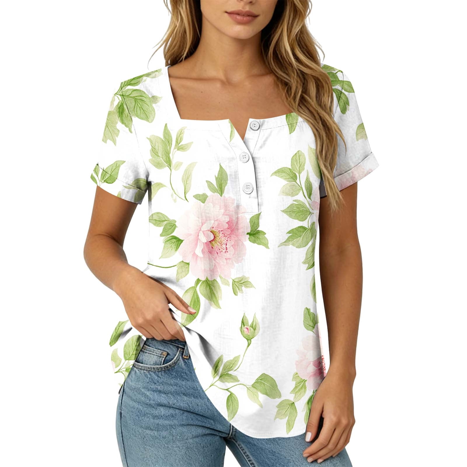 Perfectbot Women's Print Square Neck Top – Summer Short Sleeve Henley ...