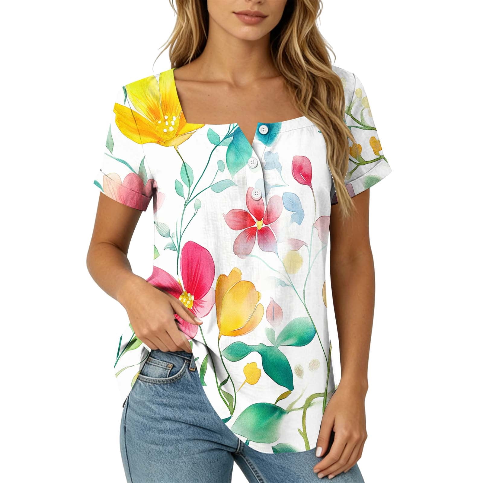 Perfectbot Women's Print Square Neck Top – Summer Short Sleeve Henley ...