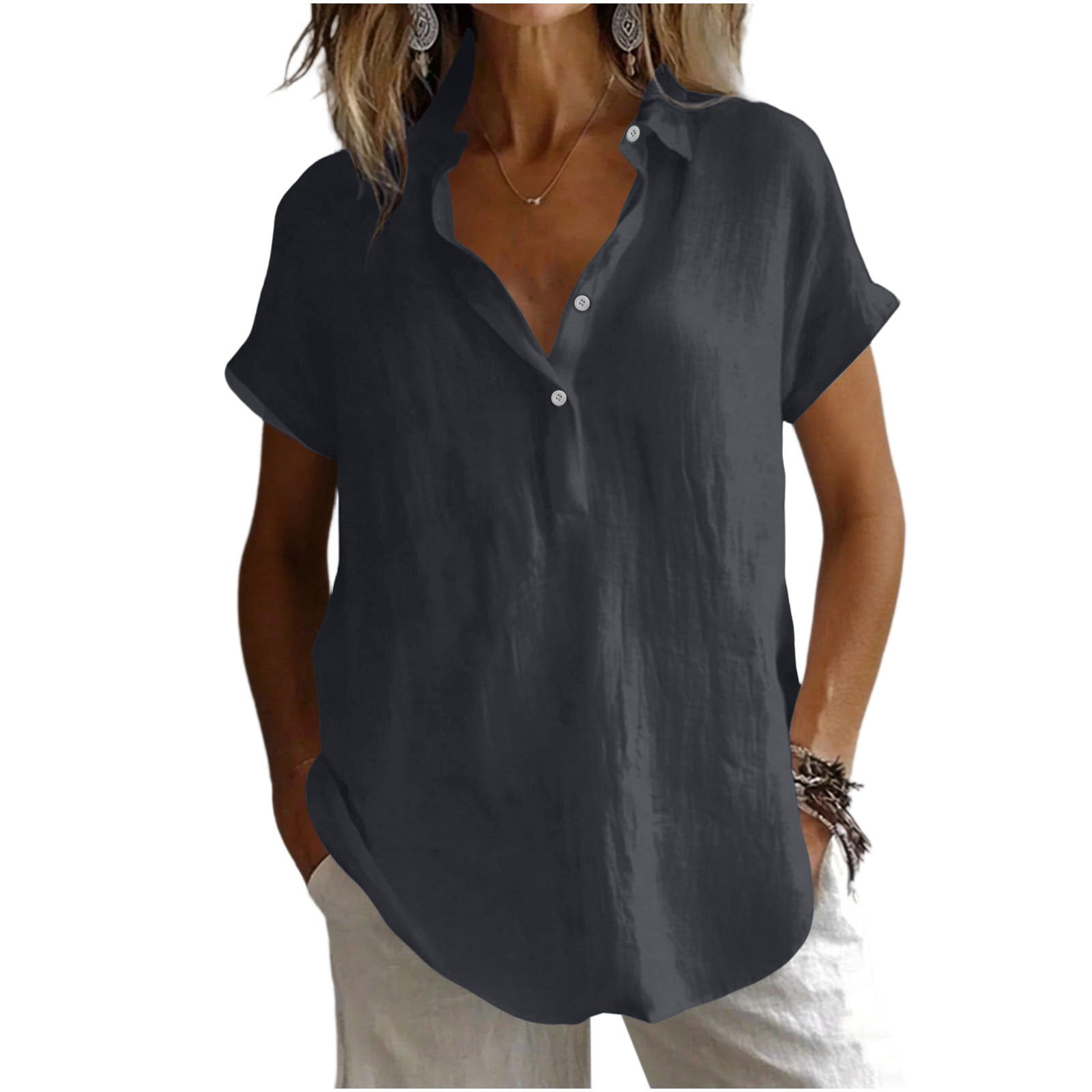 Perfectbot Women's Roll-Cuff Shirt, Short Sleeve Henley Button-Down ...