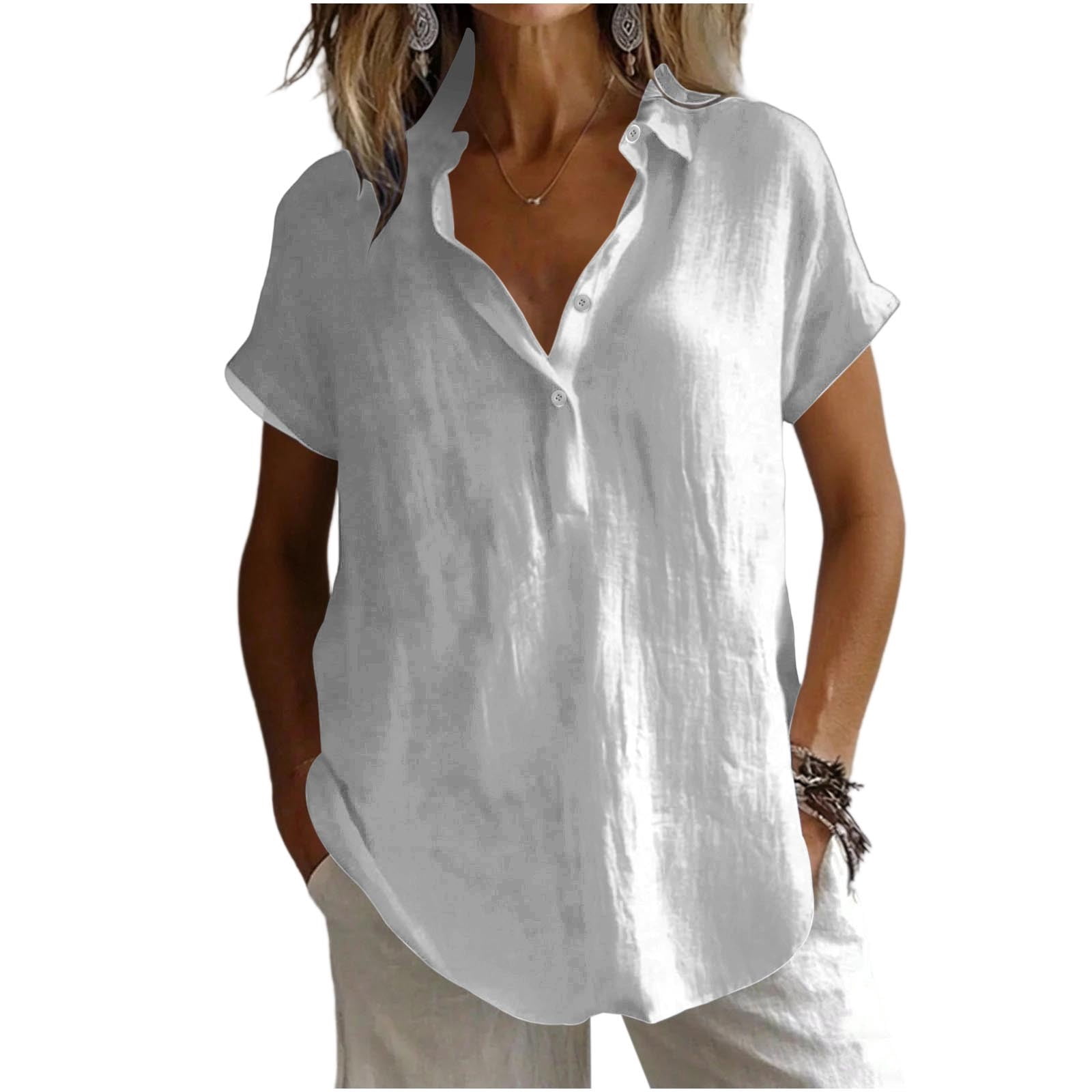 Perfectbot Women's Roll-Cuff Shirt, Short Sleeve Henley Button-Down ...