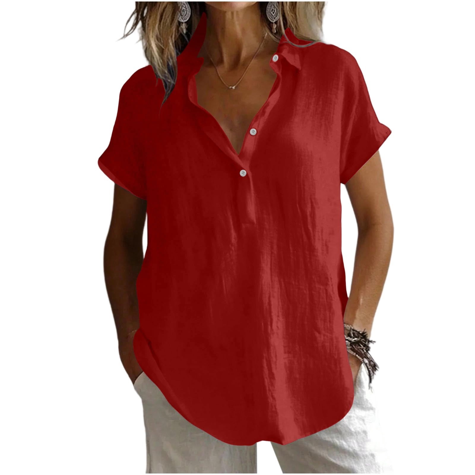 Perfectbot Women's Roll-Cuff Shirt, Short Sleeve Henley Button-Down ...