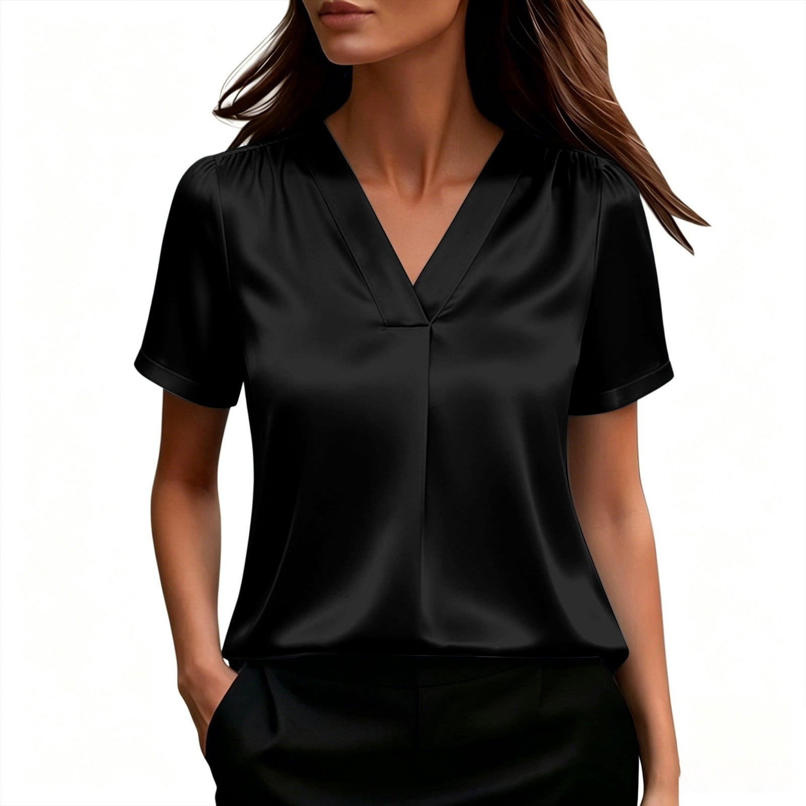 Perfectbot Women's Satin V-Neck Blouse – Short Sleeve Silky Top with ...