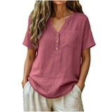 Perfectbot Women's V-Neck Henley Short Sleeve Blouse - Casual Linen ...