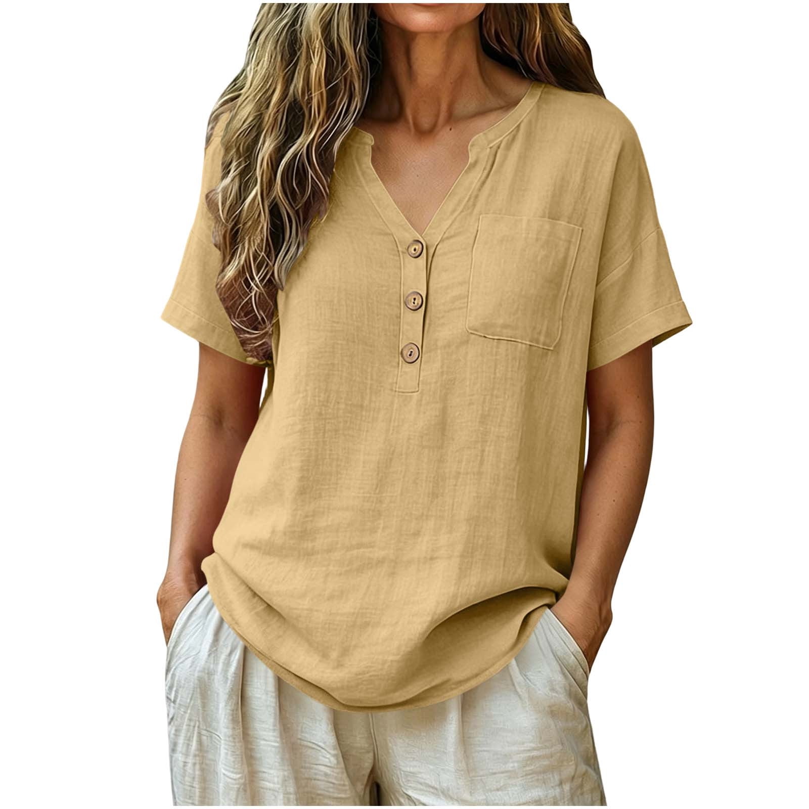 Perfectbot Women's V-Neck Henley Short Sleeve Blouse - Casual Linen ...