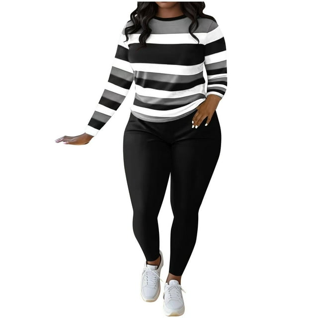 Perfectbot Womens Casual Outfit Sets Stripe Long Sleeve Tops and Plain ...