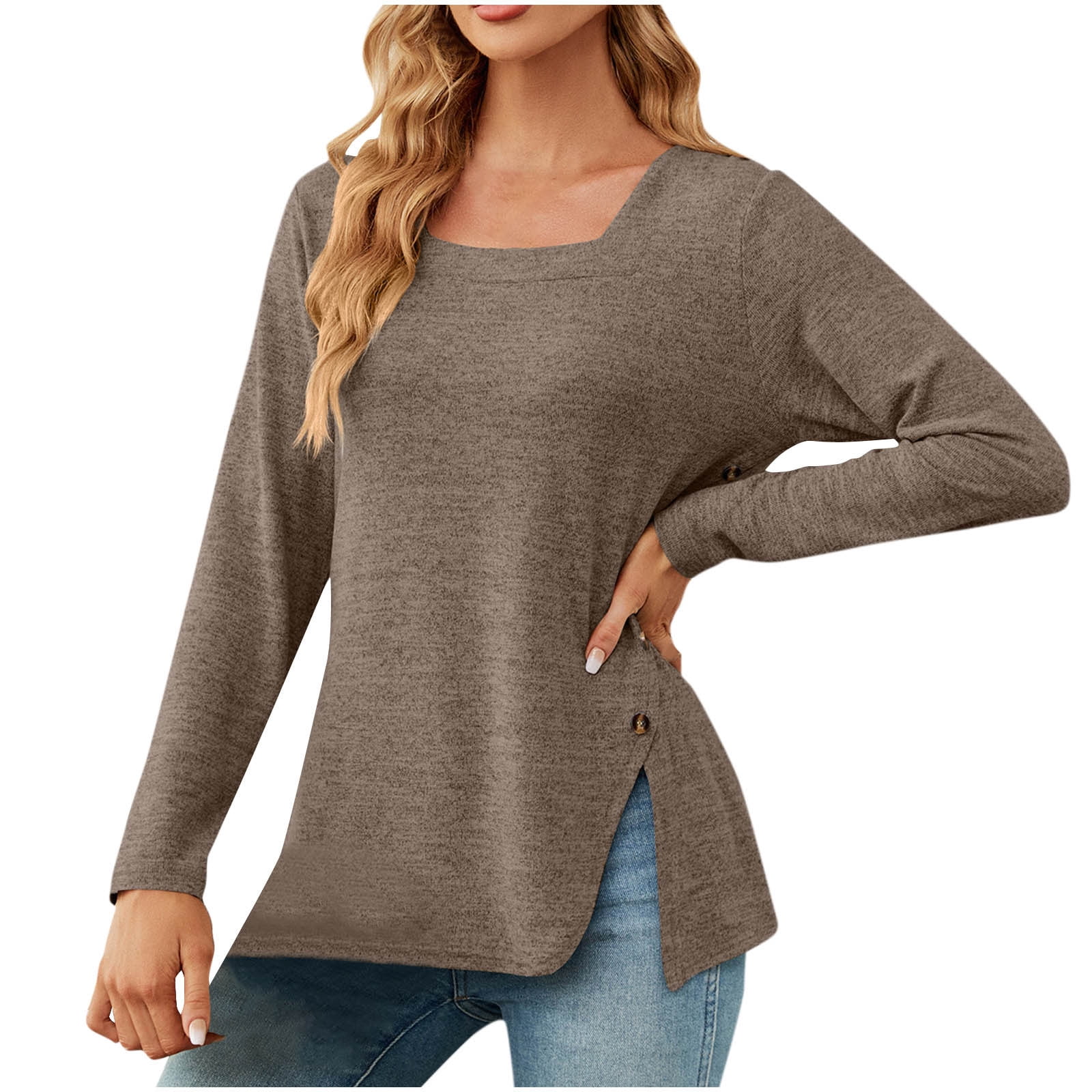 Perfectbot Womens Fall Shirts Long Sleeve Square Neck Side Split Top ...