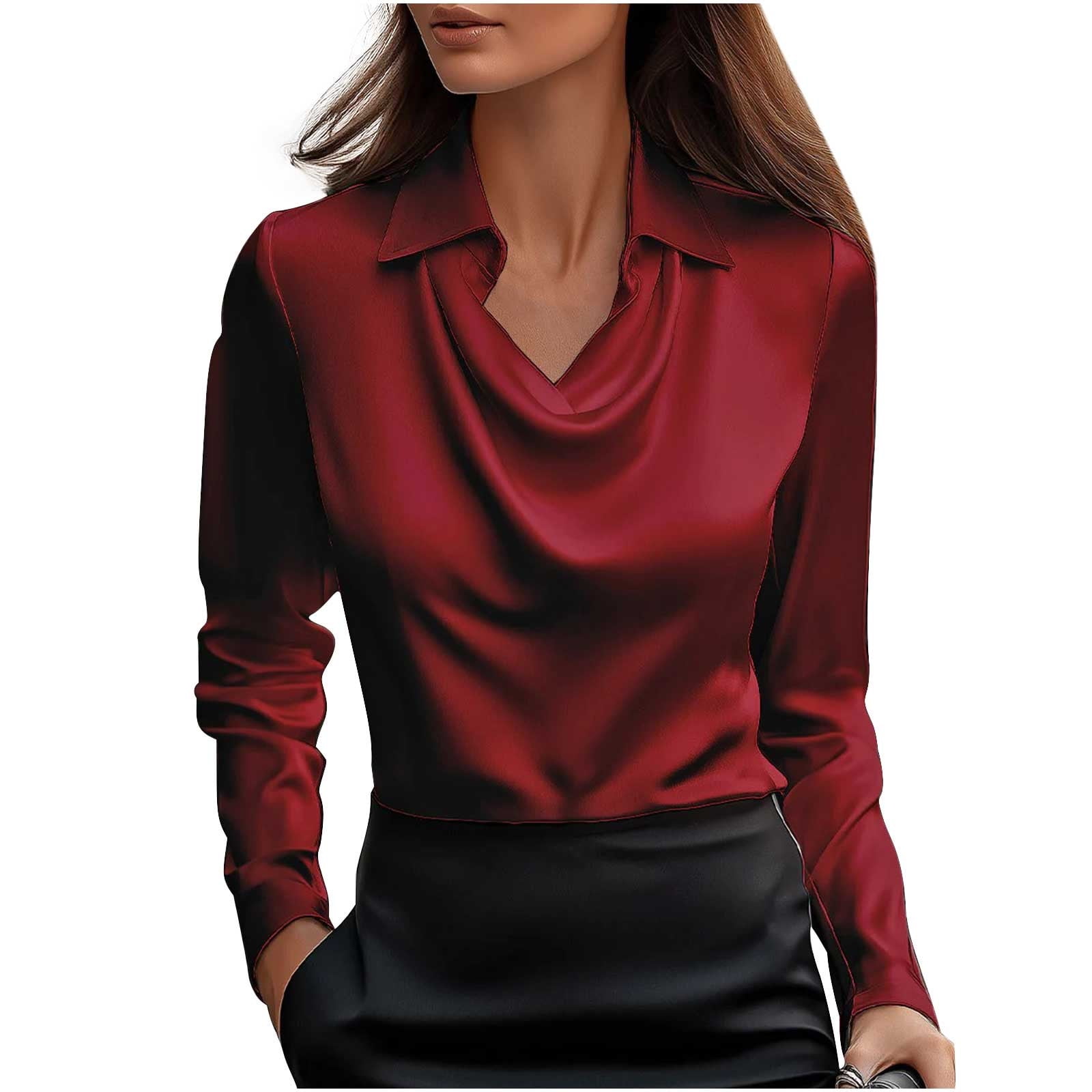 Perfectbot Womens Satin Tops Silk Cowl Neck Collared Long Sleeve Draped ...