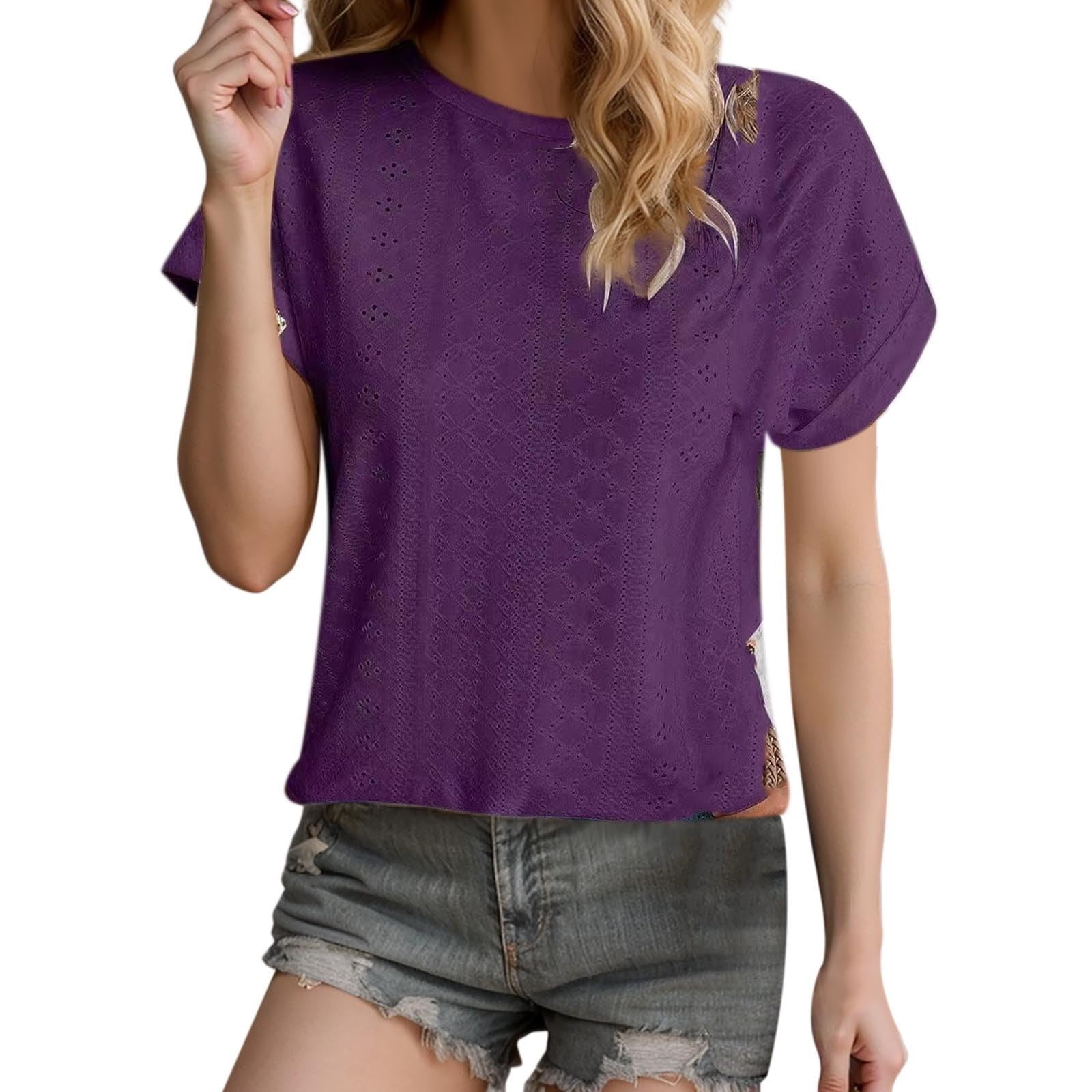 Perfectbot Womens Tops Short Sleeves Round Neck Eyelet Embroidery Top ...
