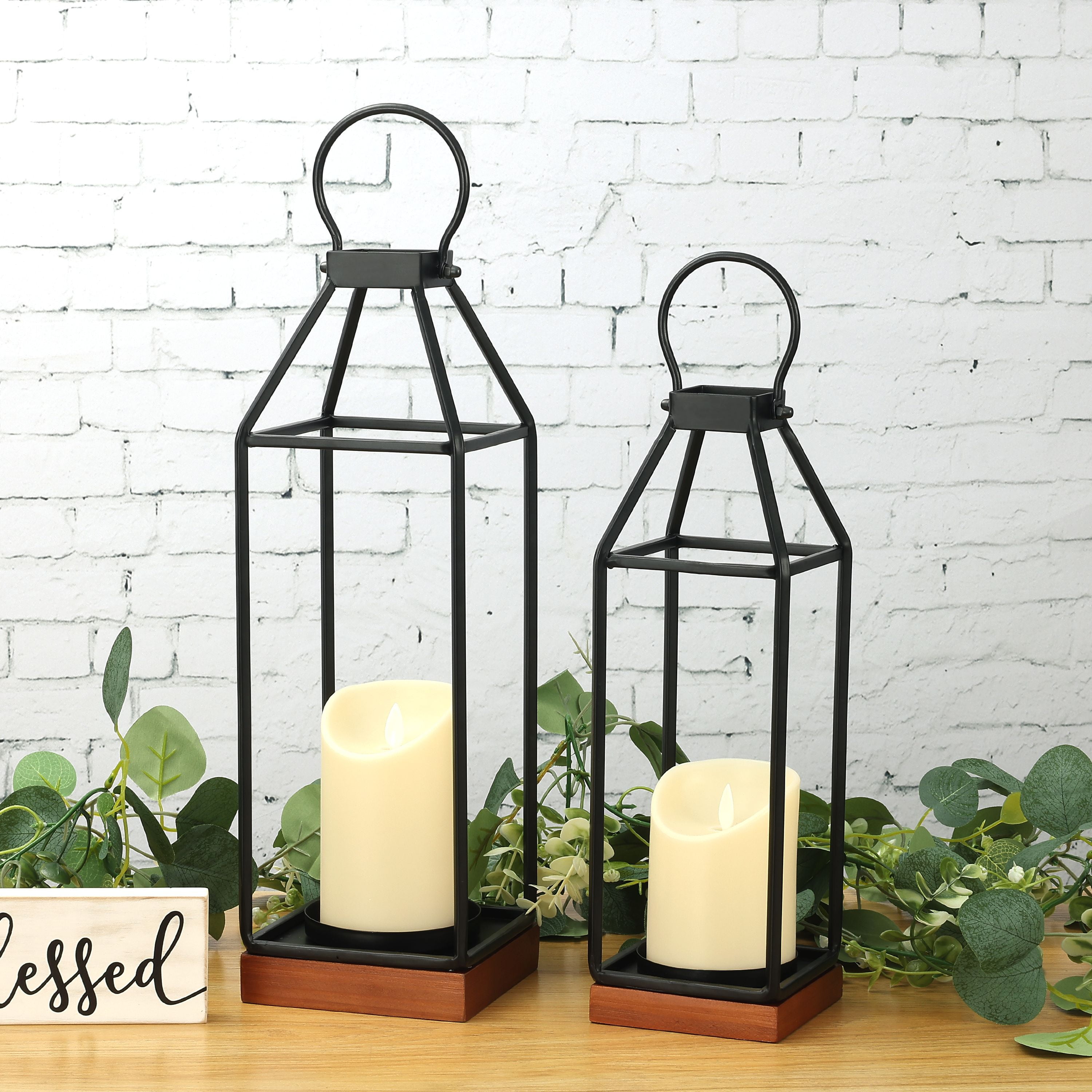 Perfnique Black Metal Lantern w/Wood, Set of 2 Rustic Lantern ...