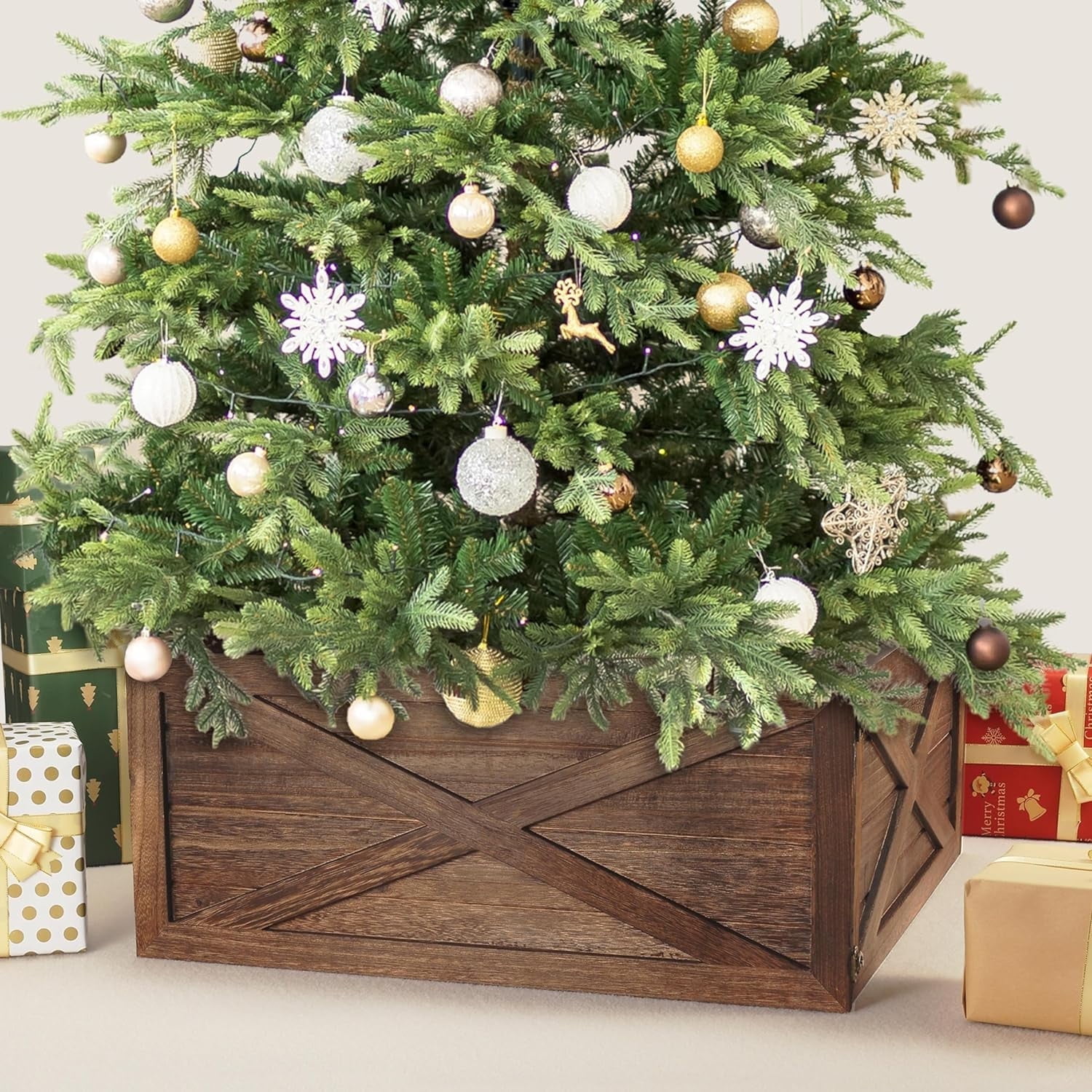 Perfnique Christmas Tree Collar, 26'' Durable Wood Tree Base, Xmas ...