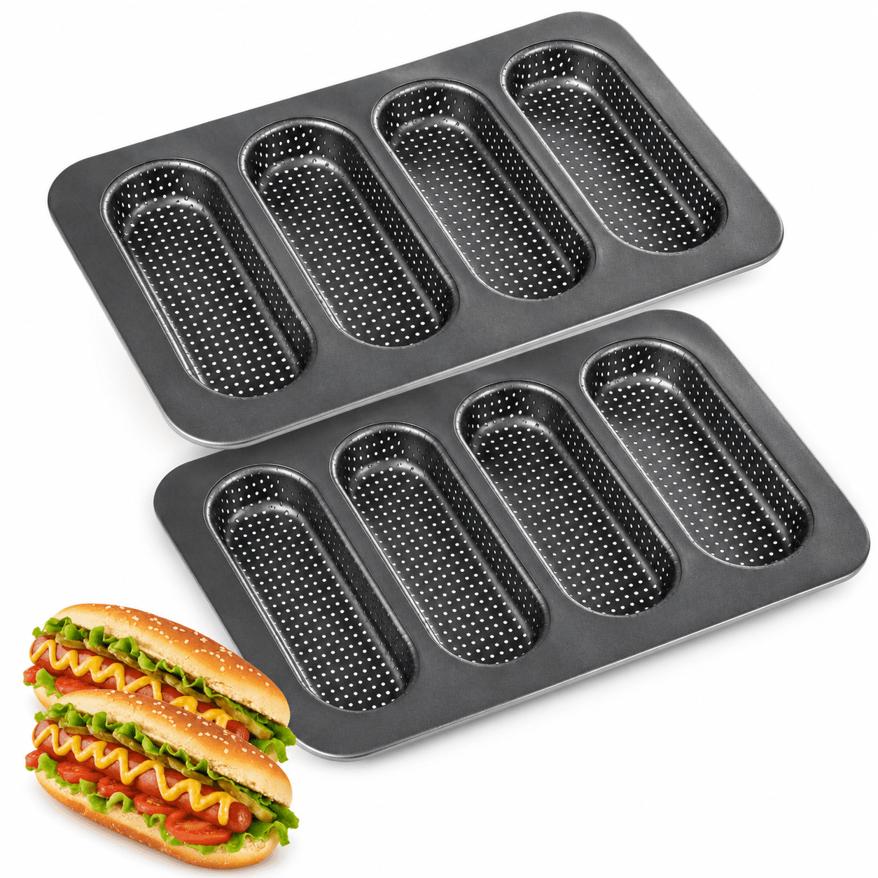 Perforated Carbon Steel Hotdog Bun Molds Non-Stick Bread Forms Crispy ...