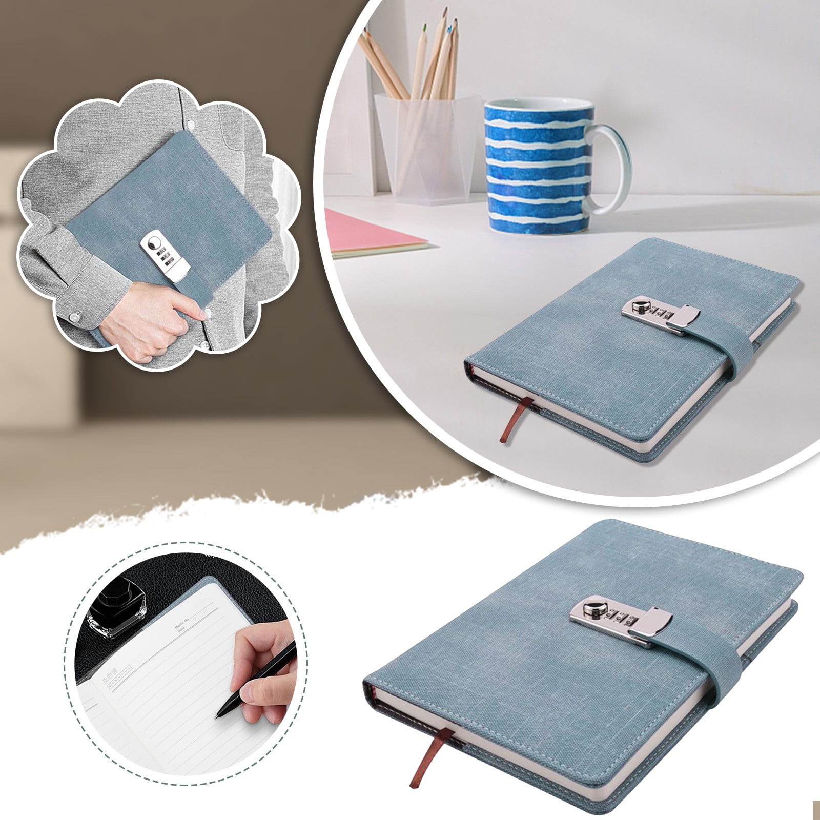 Perforated Password Notebook Paper Lockable Portable Book PU Diary Lock ...