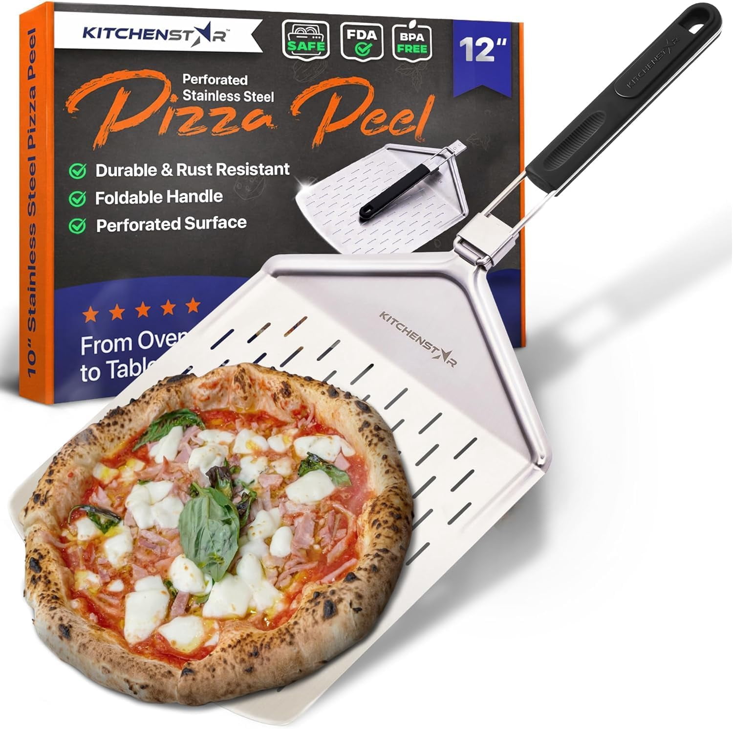 Perforated Pizza Peel 12 inch with 10 inch Folding Handle - Stainless ...