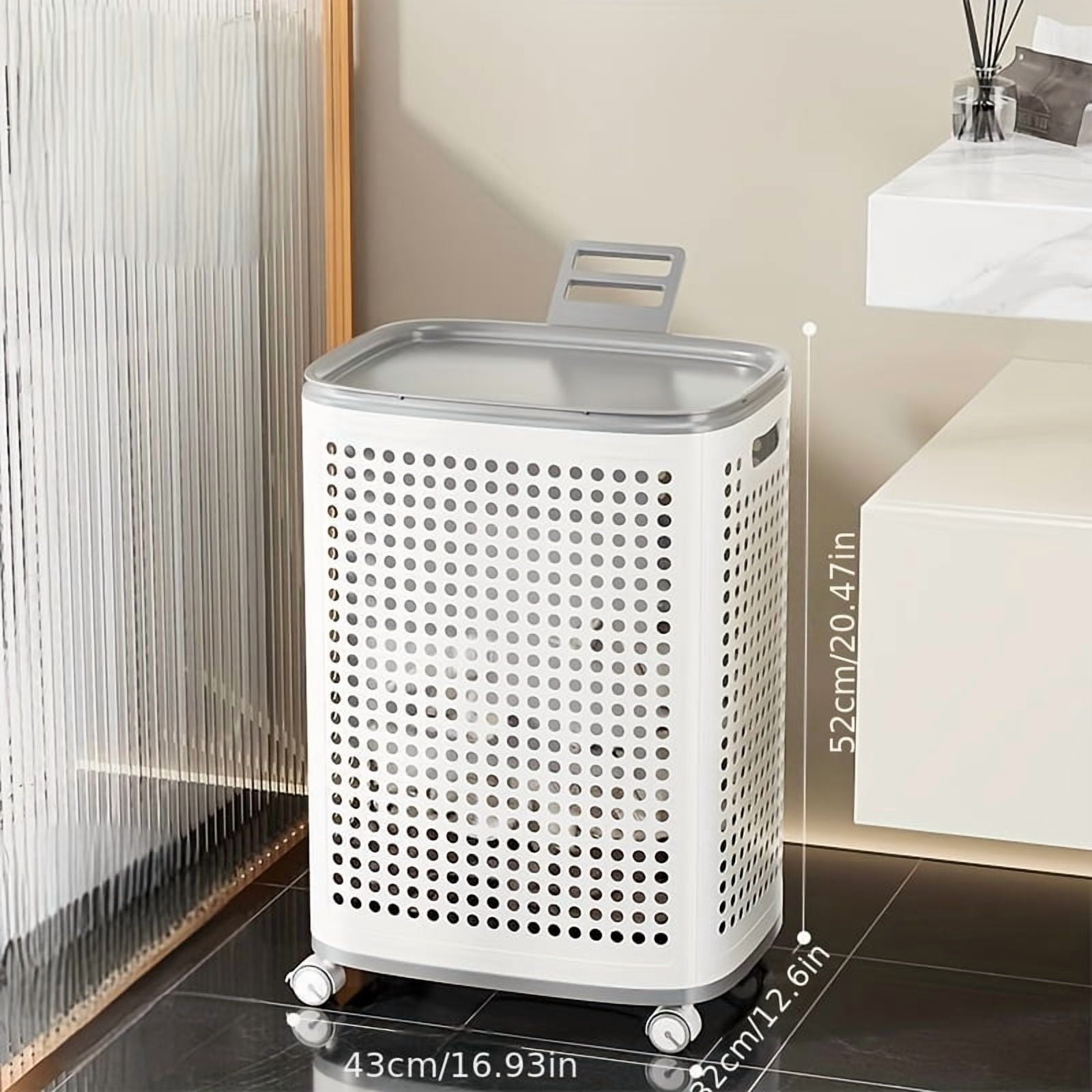 Perforated Plastic Rolling Laundry Hamper with Lid - 70L Large Capacity ...