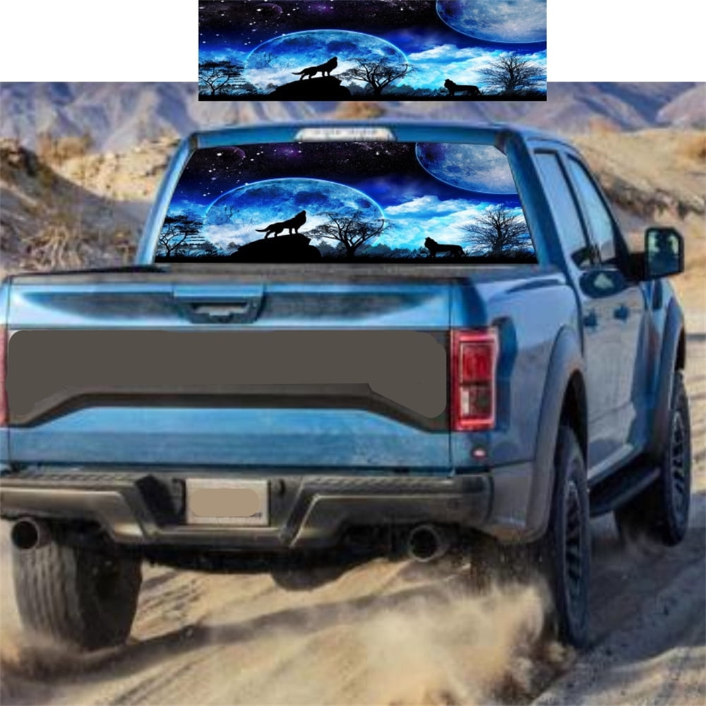 Perforated Truck Rear Window Wrap Sticker Decal Moon & Wolf 135x36cm ...