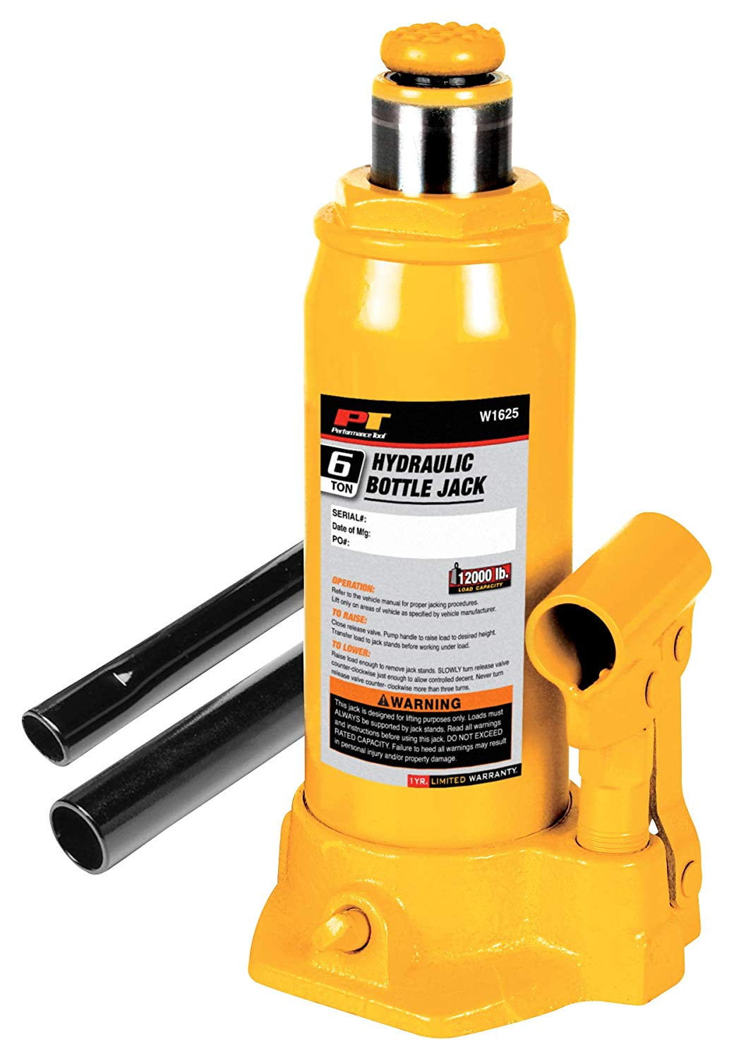 Performance Tool W1625 Hydraulic Bottle Jack, 6-Ton Load Capacity, Each ...