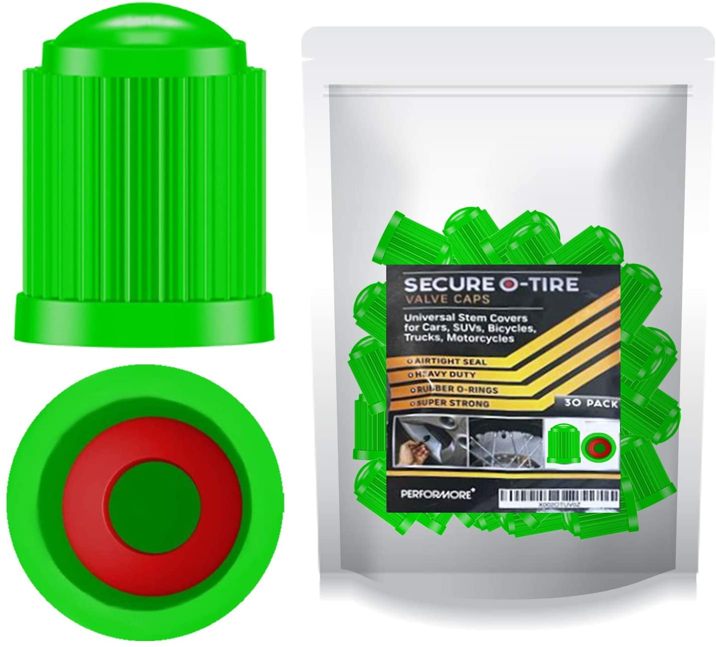 Performore Heavy-Duty Tire Valve Caps with O-Rubber Rings, Green, 30 ...