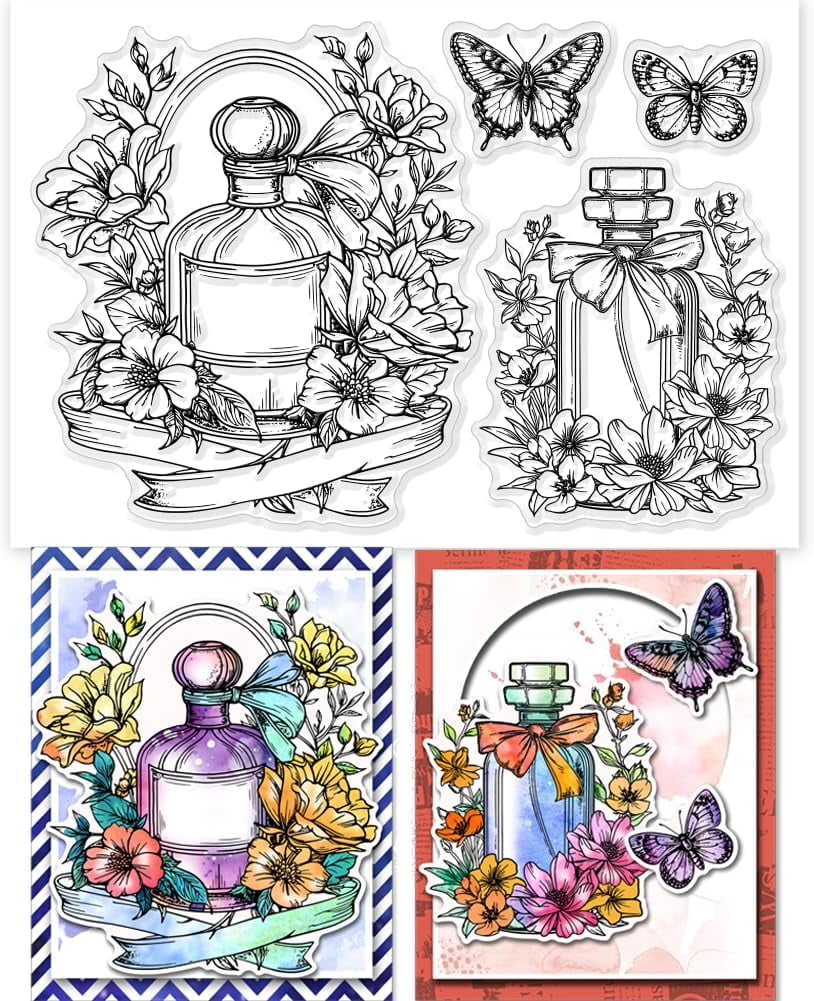 Perfume Bottle and Flower Clear Stamps for Cards Making Butterfly Clear ...