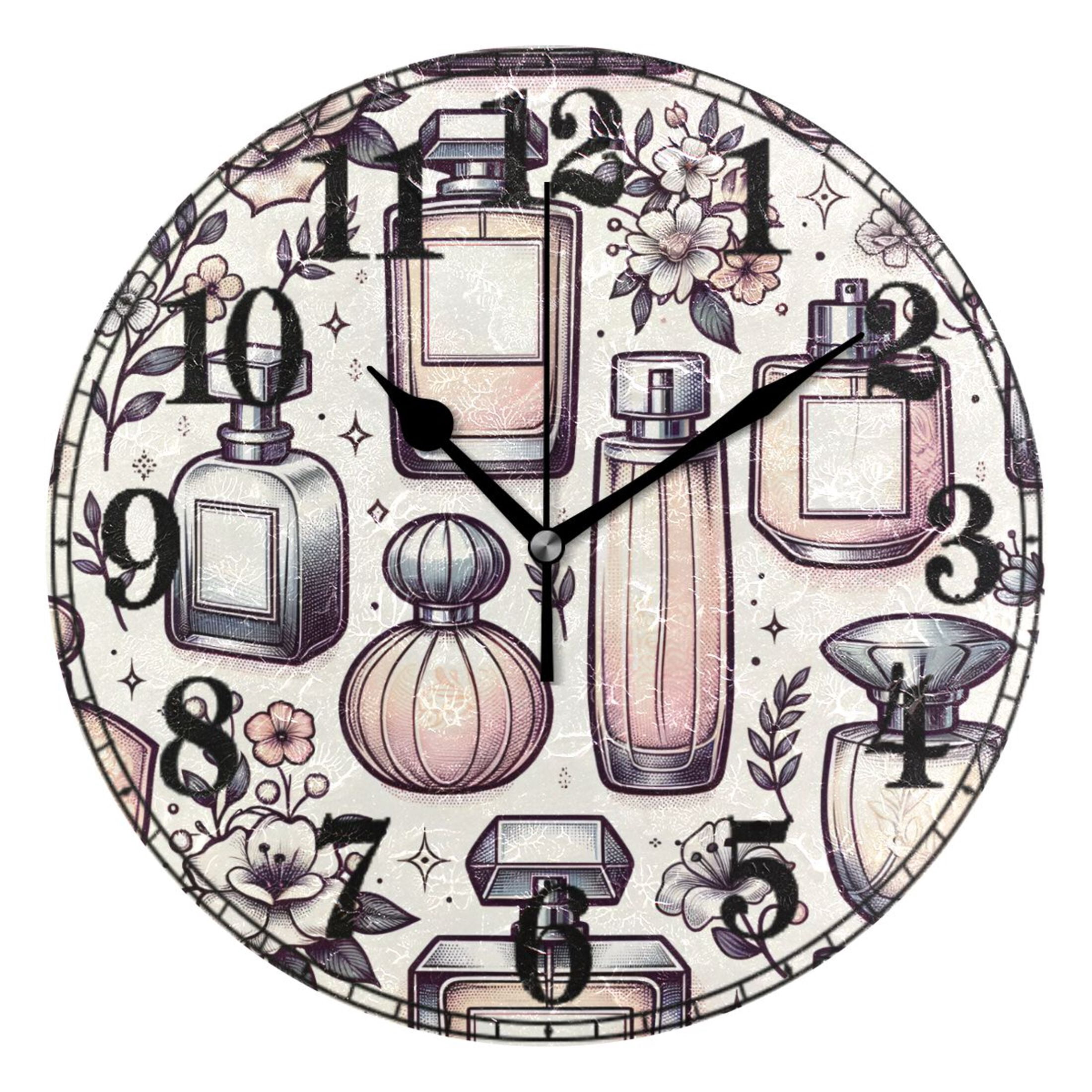 Perfume Bottle and Flower Silent Wall Clock 10" Non-Ticking Battery ...
