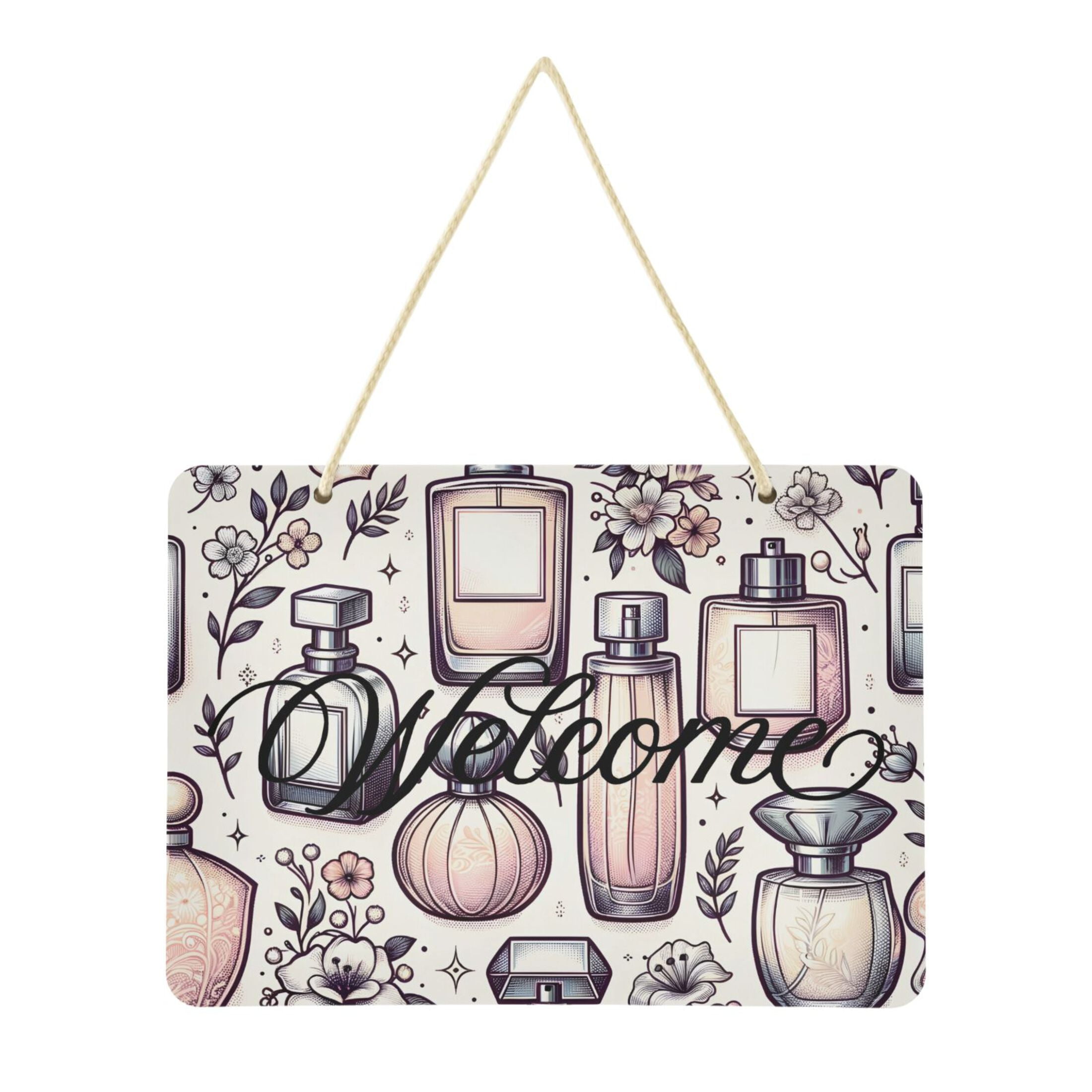 Perfume Bottle and Flower Welcome Sign Front Door PVC 14x10 inch Hanger ...