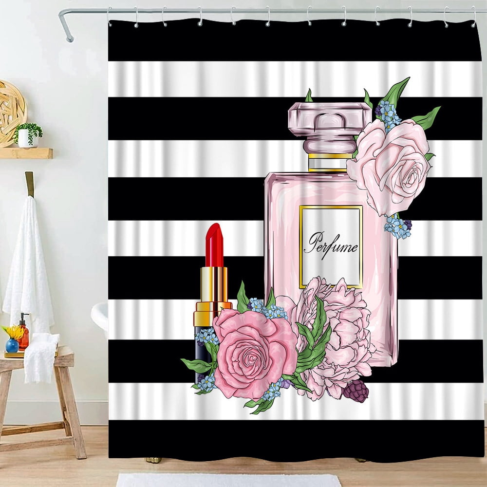 Perfume Shower Curtains Black and White Stripes Bath Curtain Flowers ...