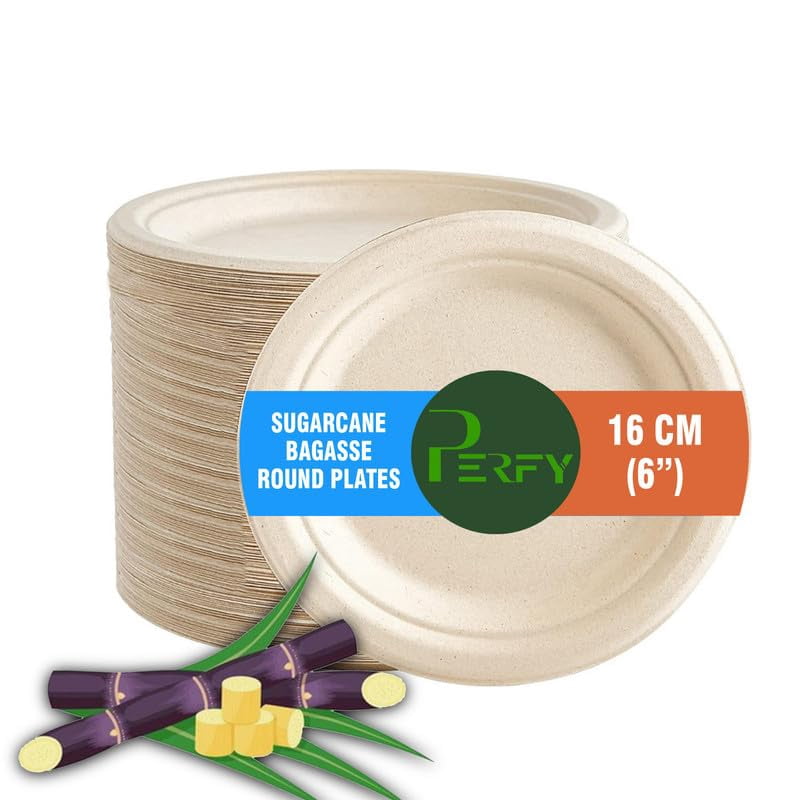 Perfy Disposable Bagasse Plates 6 Inch EcoFriendly Biodegradable ...