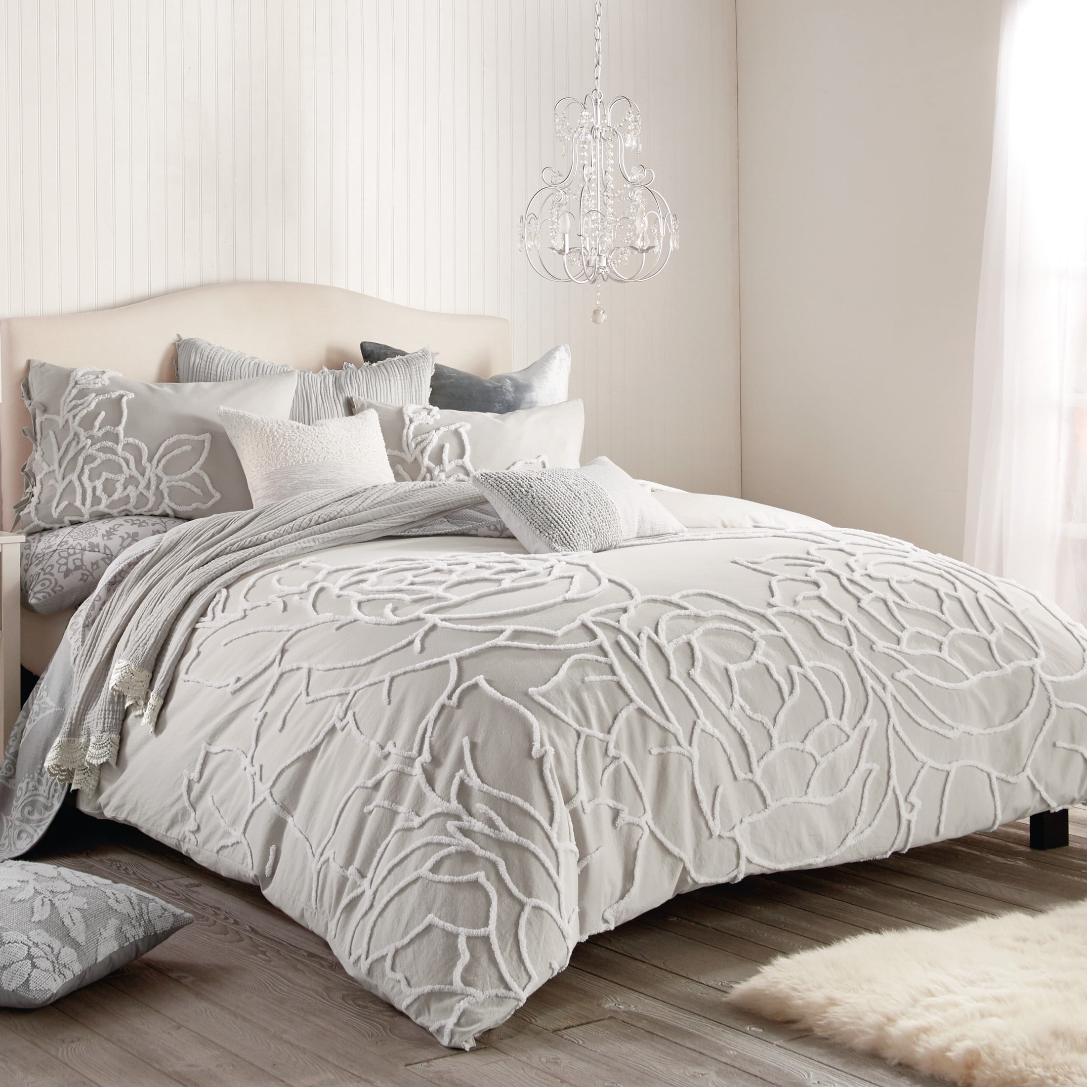 Peri Home Chenille Rose 3 Piece King Comforter Set, Grey, Cotton ...