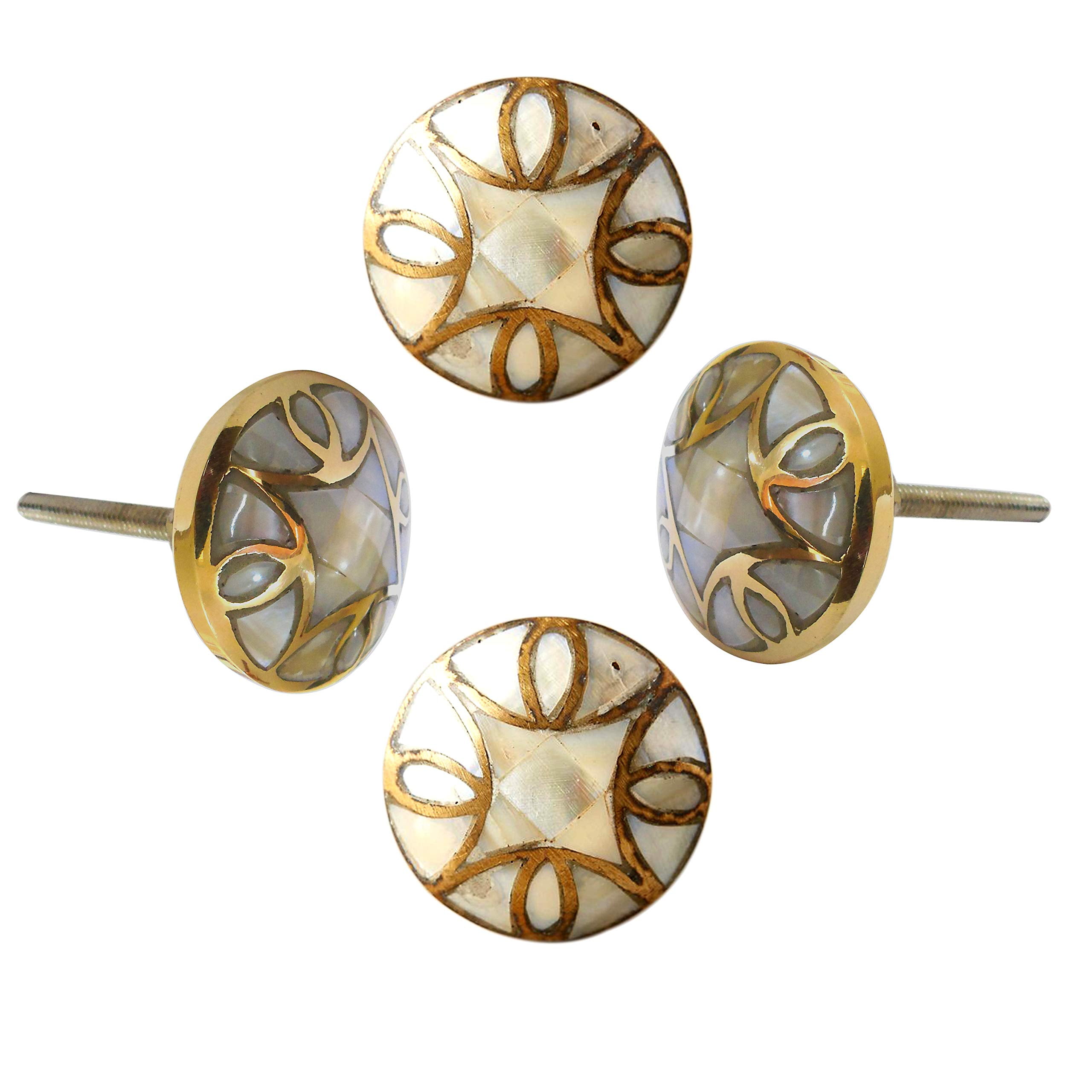Perilla Home Set of 4 Premium Mother of Pearl Decorative Drawer Knobs - Gold Embroidered Vintage ...