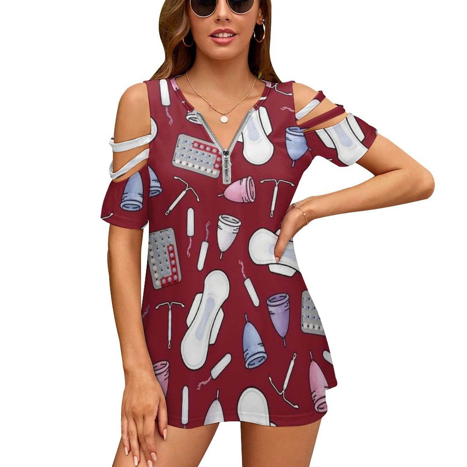 Period Pms Ready In Red New Fashion Zip Off Shoulder Top Short-Sleeve ...