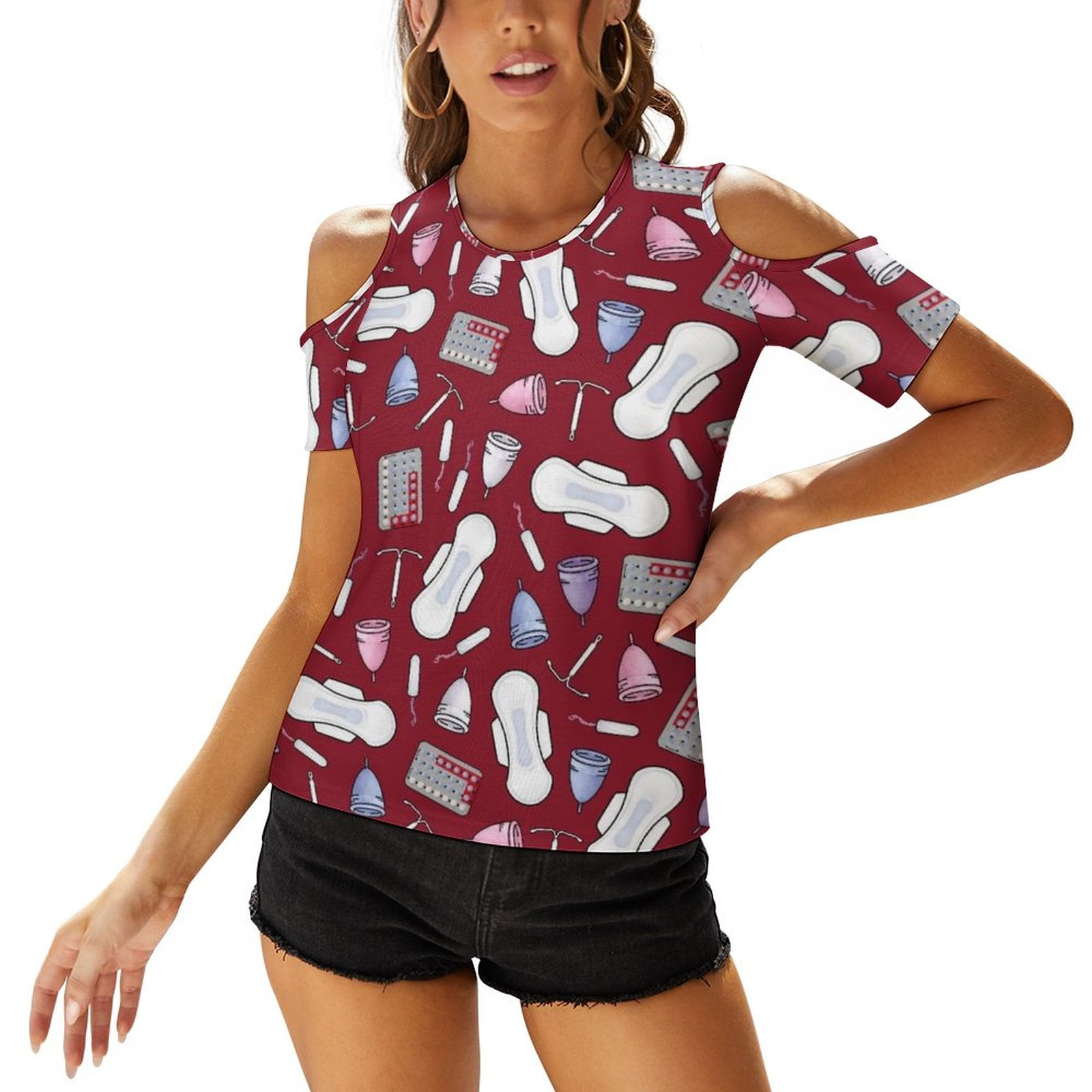 Period Pms Ready In Red New Fashion Zip Off Shoulder Top Short-Sleeve ...