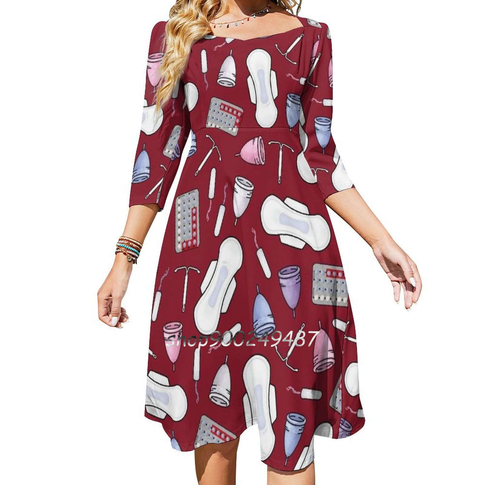 Period Pms Ready In Red Square Neck Dress Sweet Summer Dress Women ...