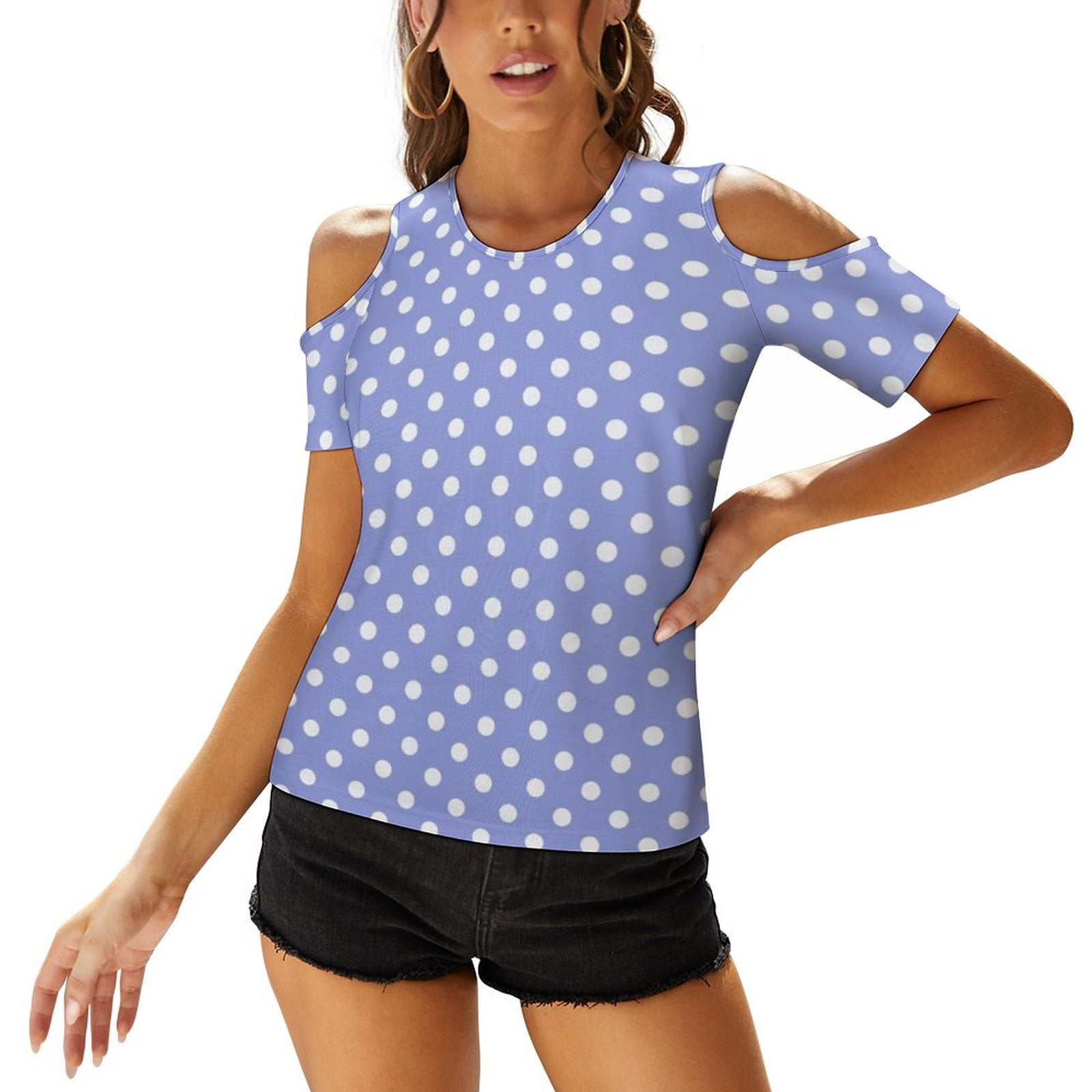 Periwinkle Blue And White Polka Dots Pattern Women'S T-Shirt Summer ...