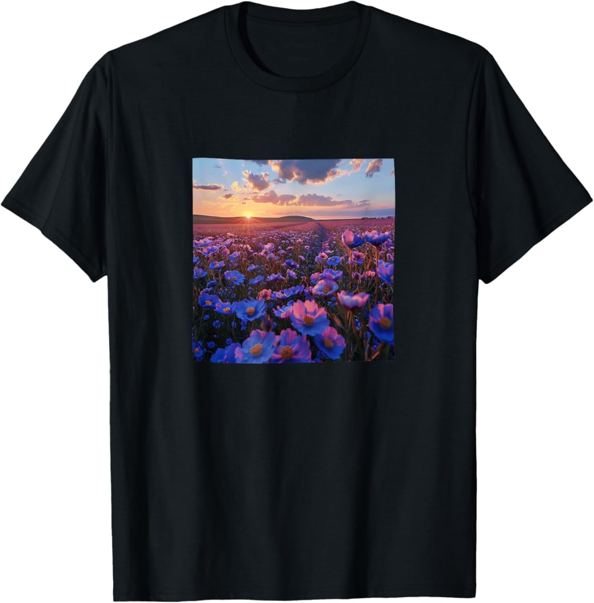 Periwinkle Flower Field Beautiful Sunset Graphic T-Shirt, F1013 ...