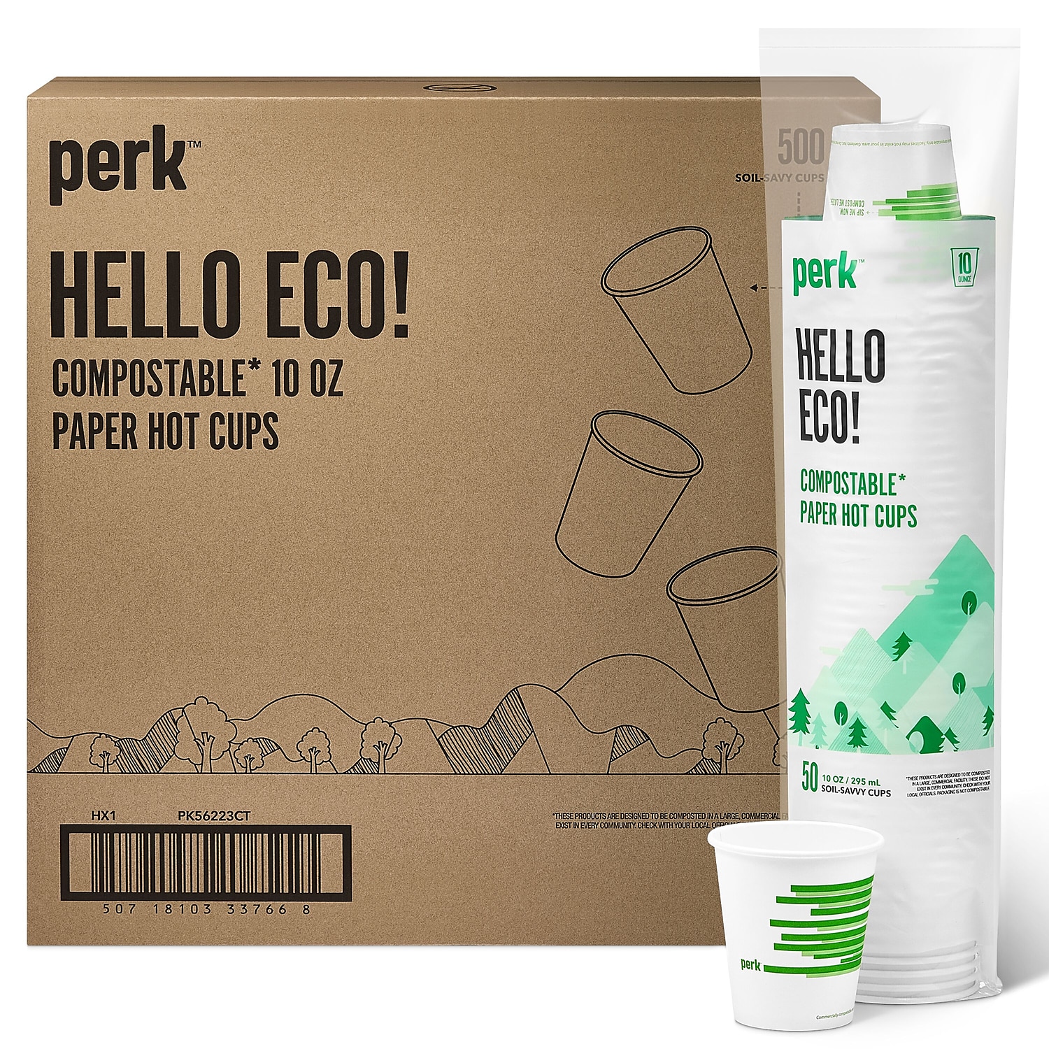 Perk Compostable Paper Hot Cup 10 Oz. White/Green PK56223CT - Walmart.com