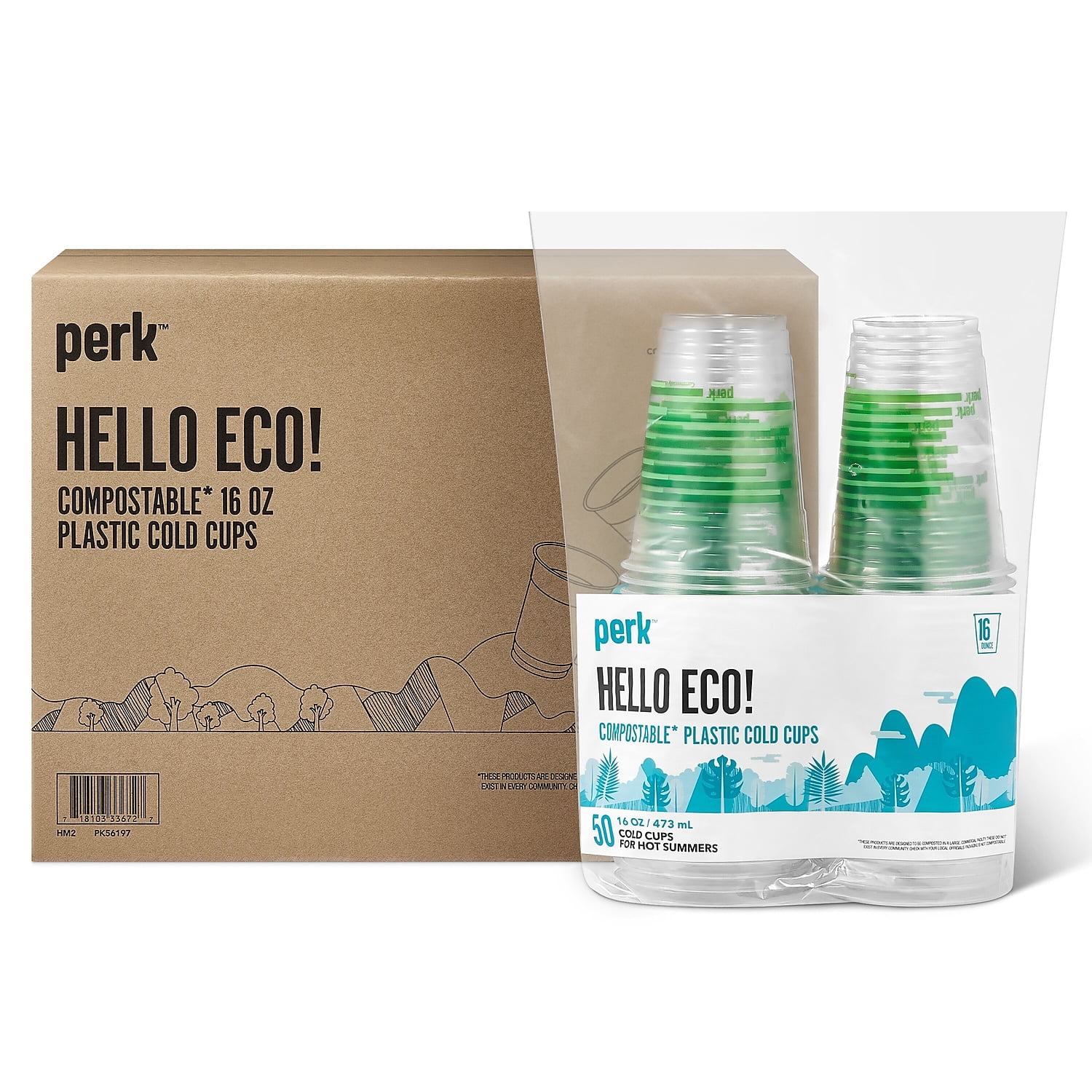 Perk Compostable Cold Cups 16 oz Clear/Green, BPI Certified, Stackable ...