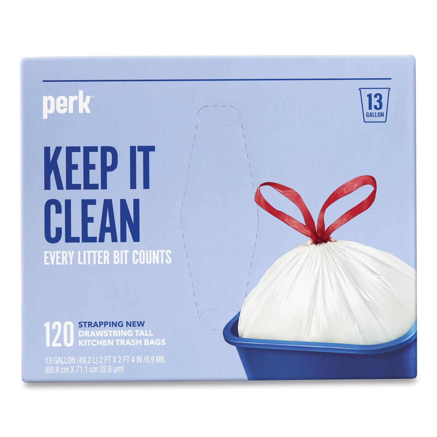 Perk 13 Gallon Tall Size Kitchen Trash Bag, Low Density 0.9 Mil, White ...