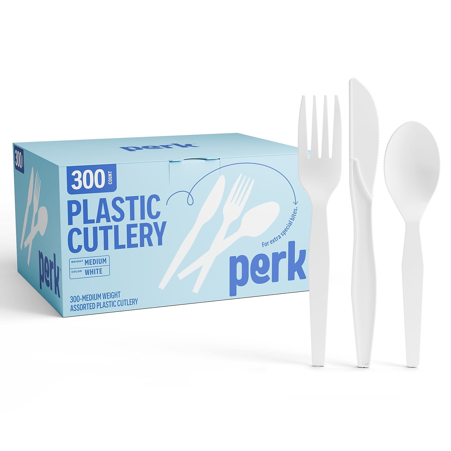 Perk Mediumweight Disposable Plastic Cutlery Set, Fork/Knife/Teaspoon ...