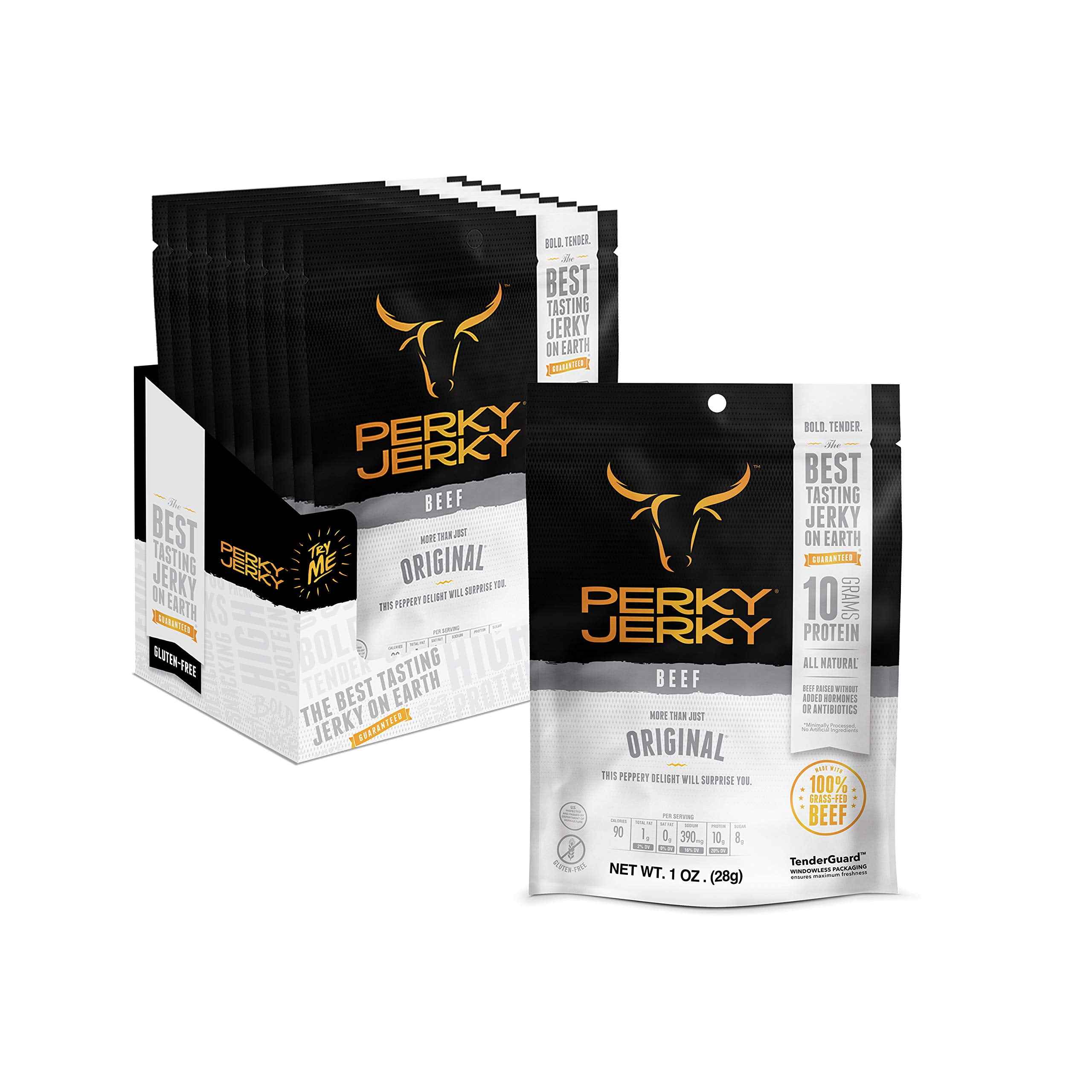 Perky Jerky Original 100% YYF14 Grass Fed Beef Jerky, 1 oz (Pack of 12 ...