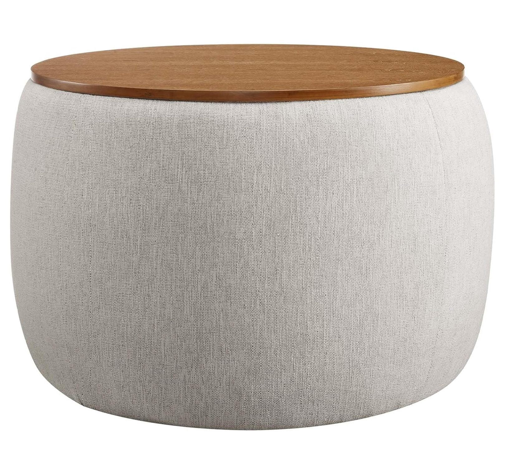 Perla 26 Inch Round Storage Ottoman with Tray Lid in Ivory Fabric ...