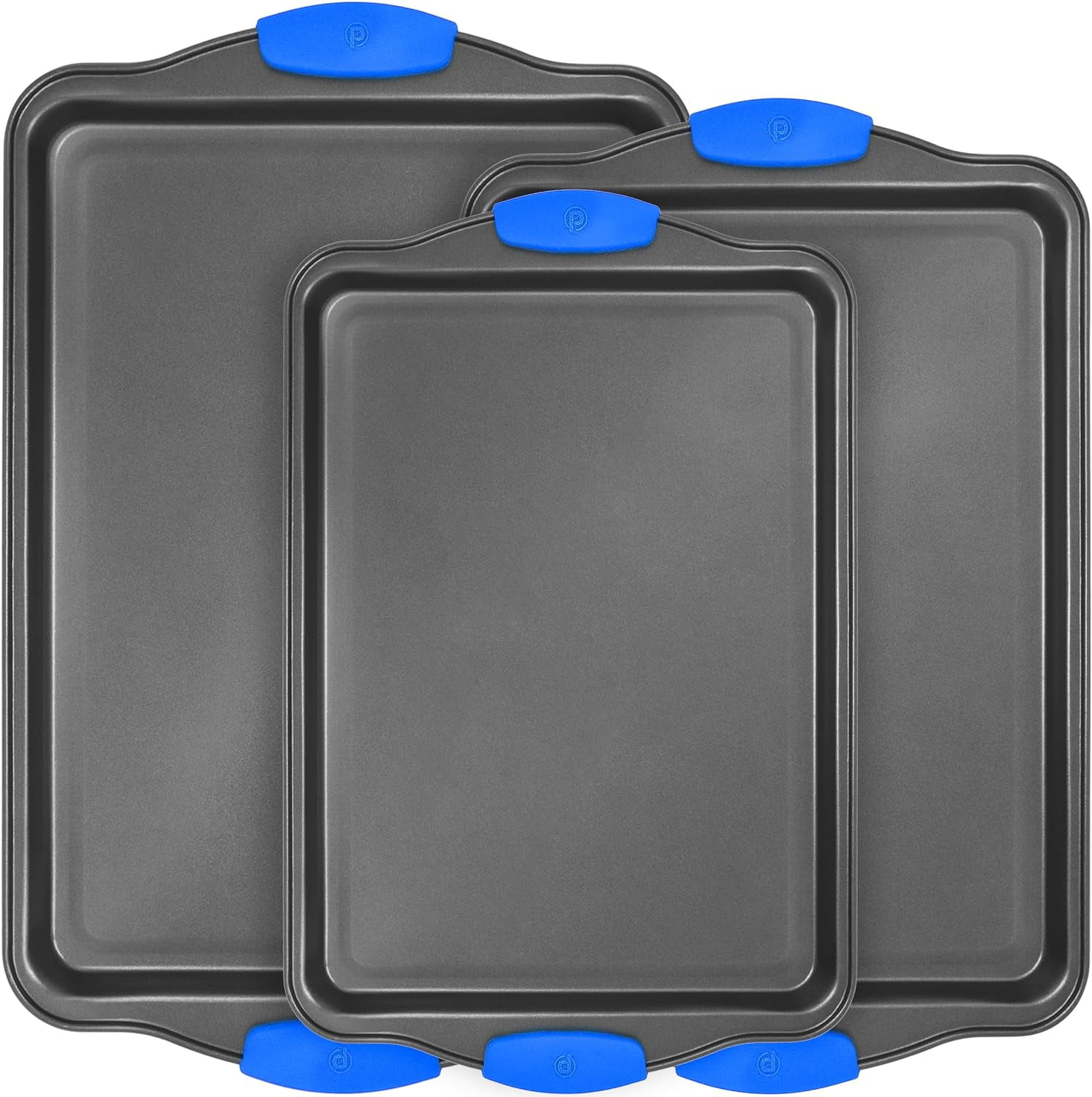 Perlli 3-Piece Cookie Sheet Oven Tray Set with Blue Handles for Non ...