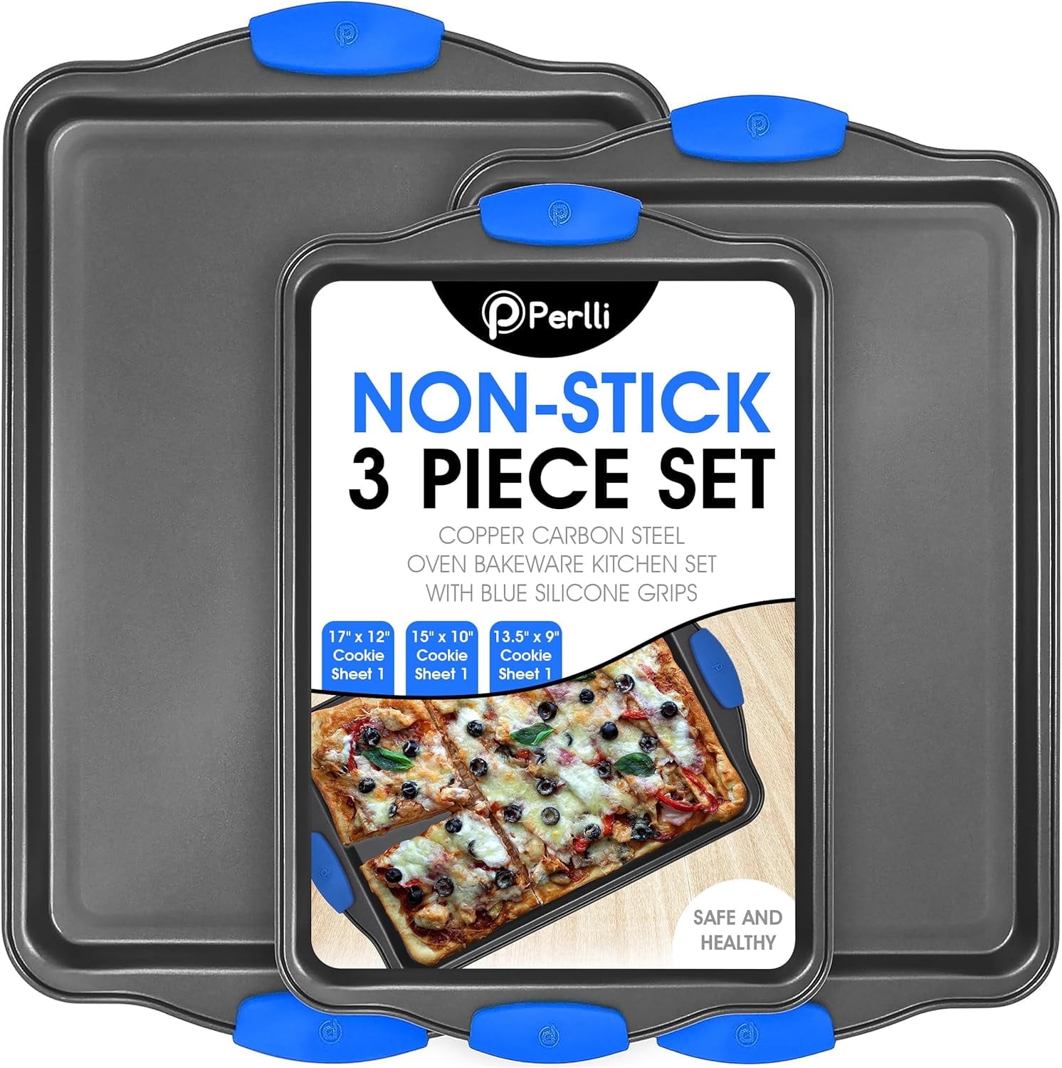 Perlli 3-Piece Cookie Sheet Oven Tray Set with Blue Handles for Non ...