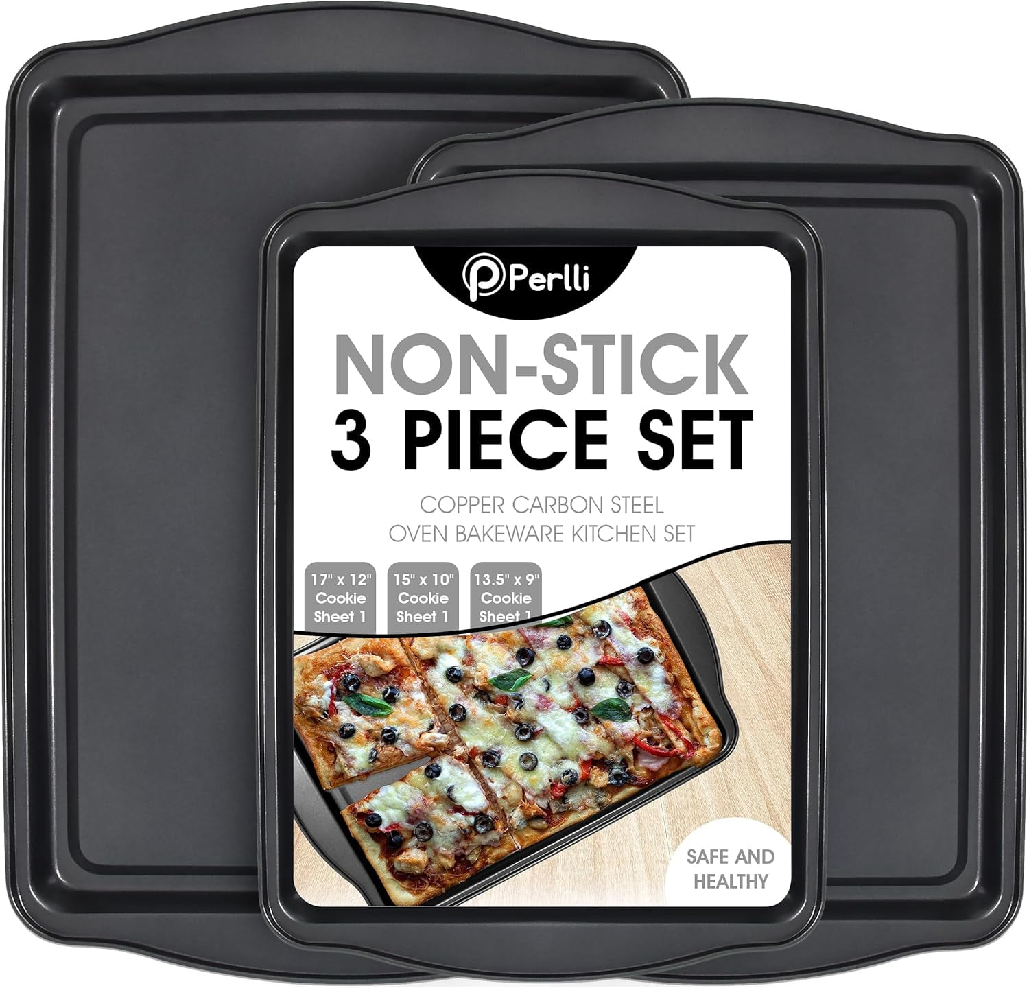Perlli 3-Piece Cookie Sheet Oven Tray Set with Gray Handles for Non ...